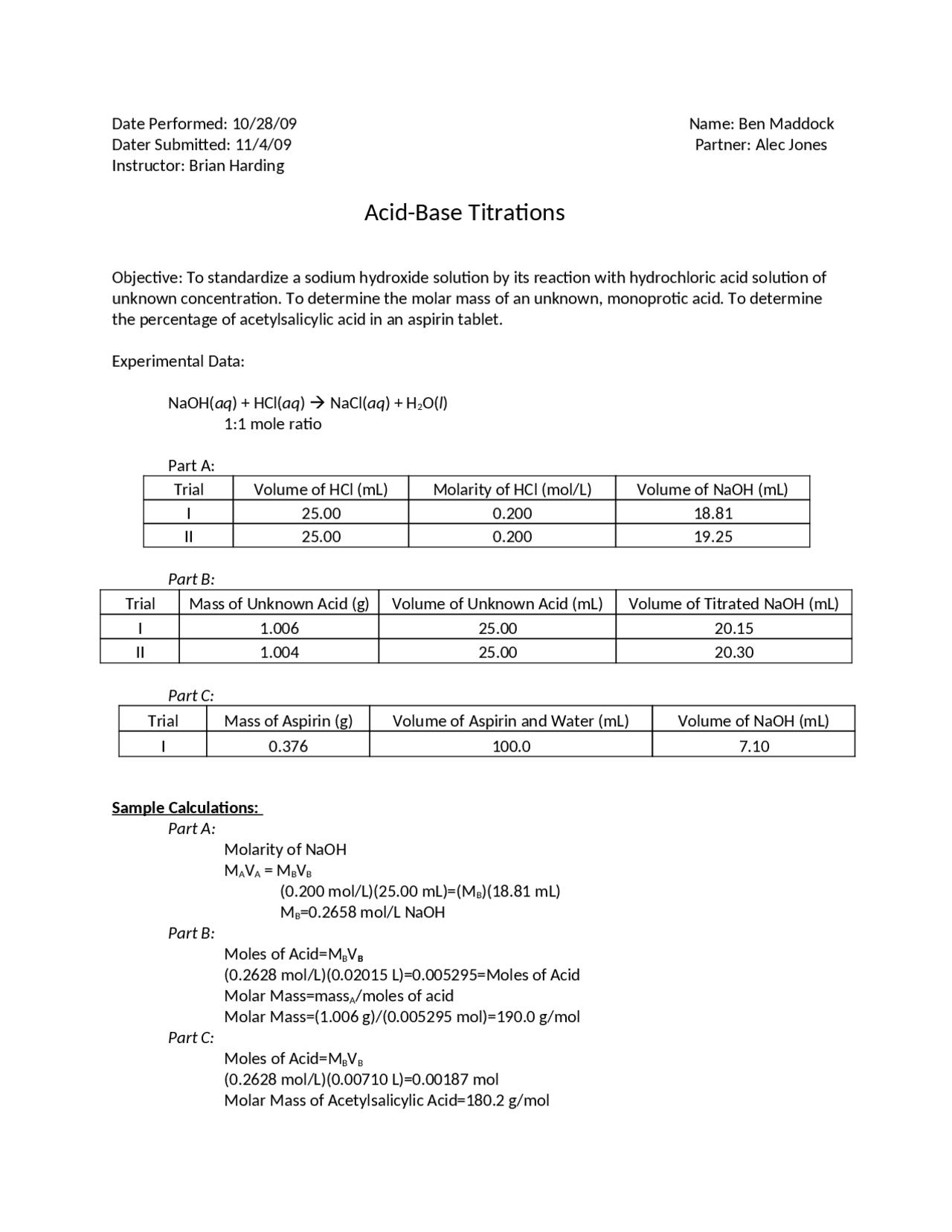 Acid-Base Titrations - General Chemistry Lab | CHEM 1045 - Docsity