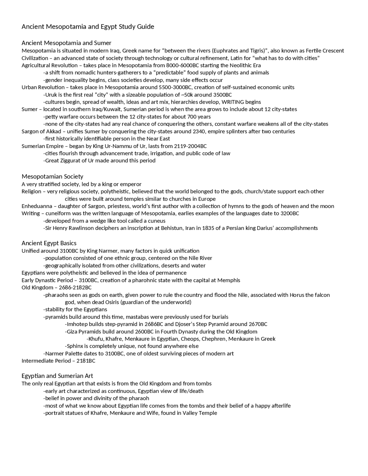 Ancient Mesopotamia and Egypt - Study Guide | HIST 1024 - Docsity
