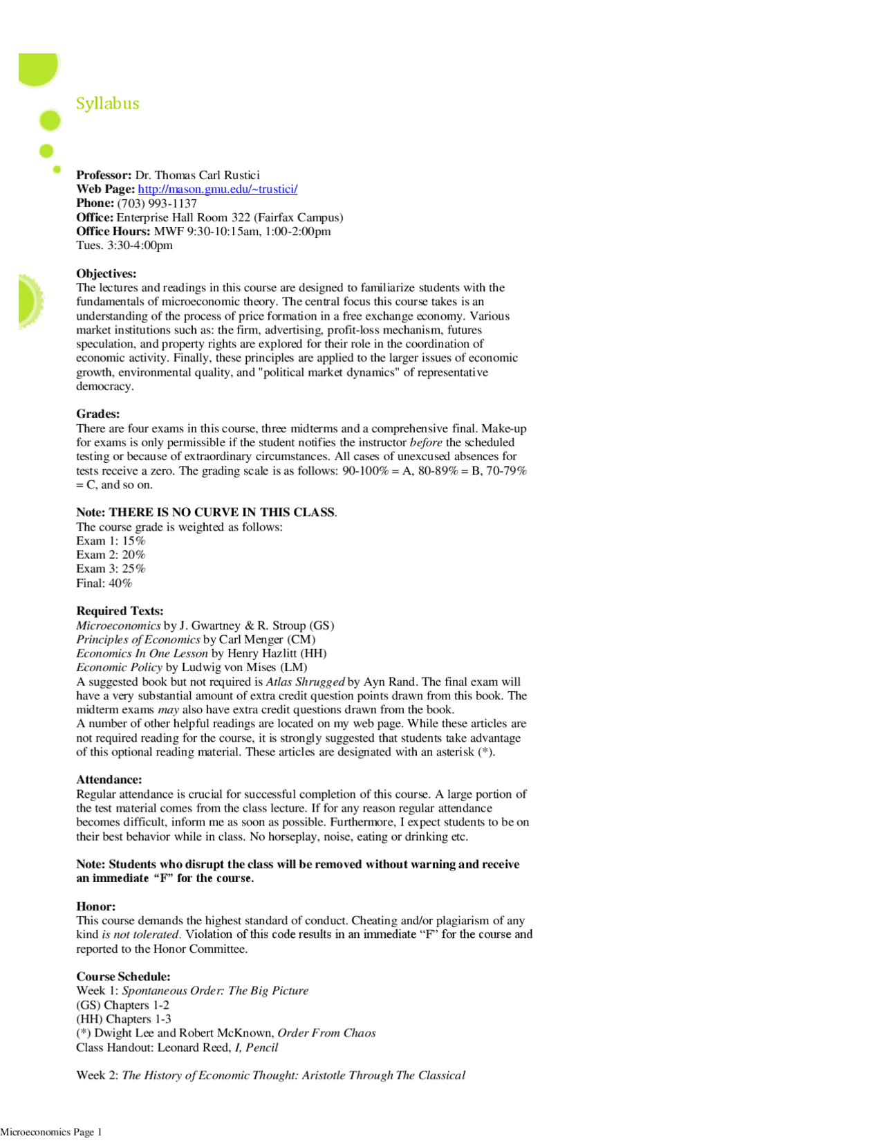 Course Syllabus For Microeconomic Principles Econ 103 Docsity