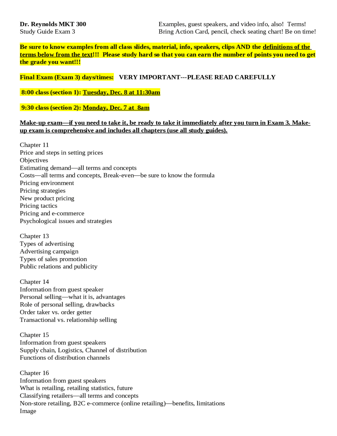 Study Guide For Exam 3 On Marketing Mkt 300 Docsity
