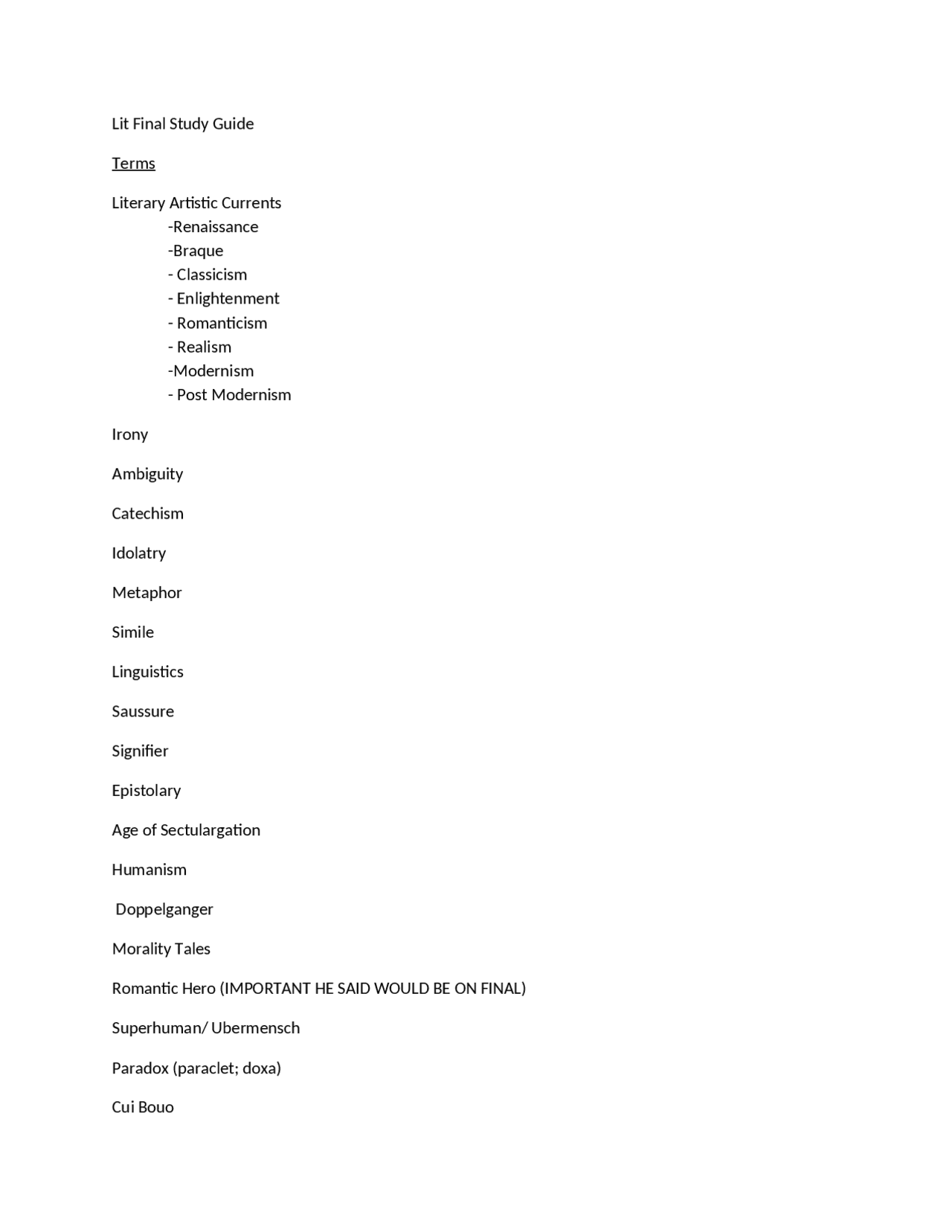 Literary Artistic Currents and Character Analysis Study Guide - Prof ...