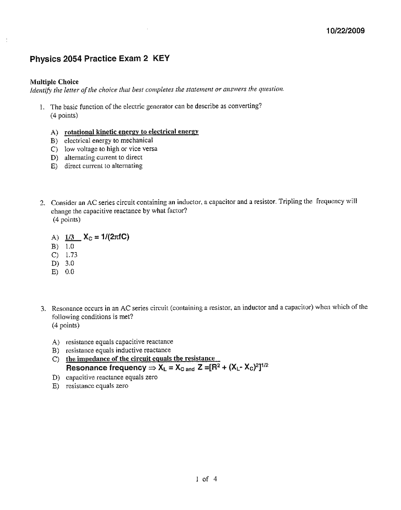 Practice Exam 2 Key General Physics Ii Phy 2054 Docsity