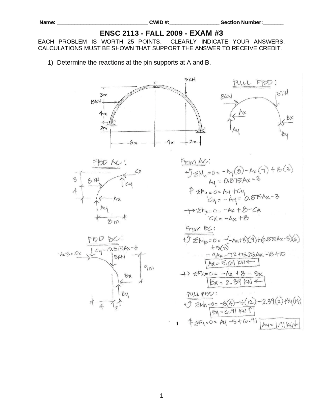 Solved Questions For Exam Iii Statics Ensc 2113 Docsity