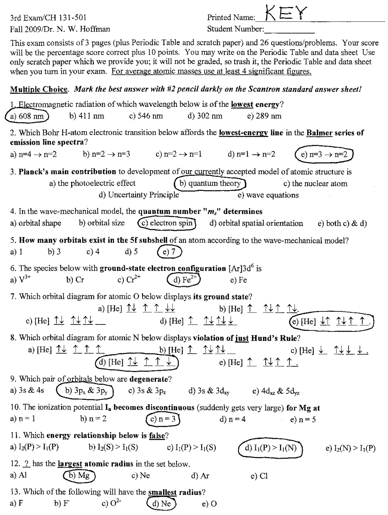 Solutions for Exam 3 - General Chemistry I | CH 131 - Docsity