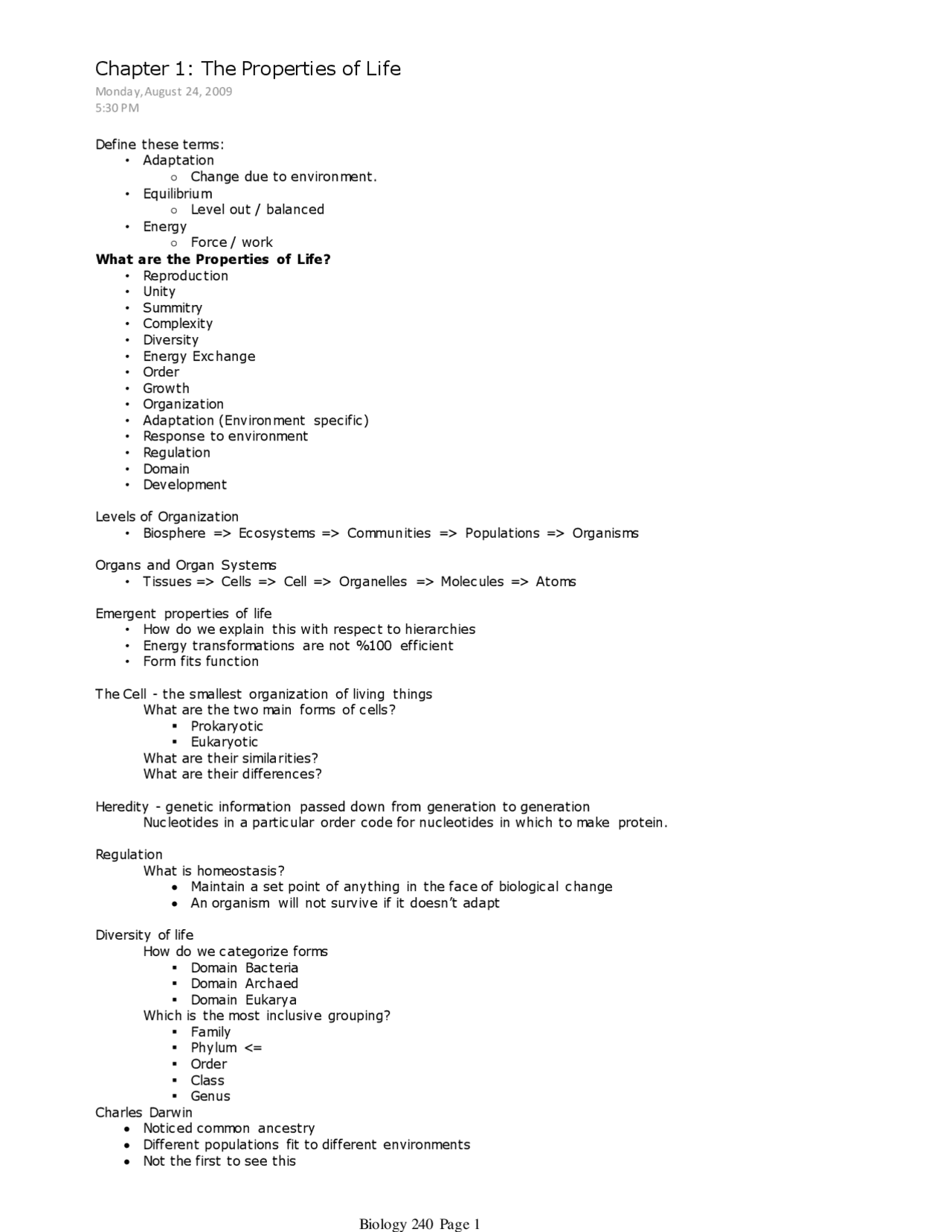 The Properties of Life - Adaptation, Equilibrium, Energy - Class Notes ...