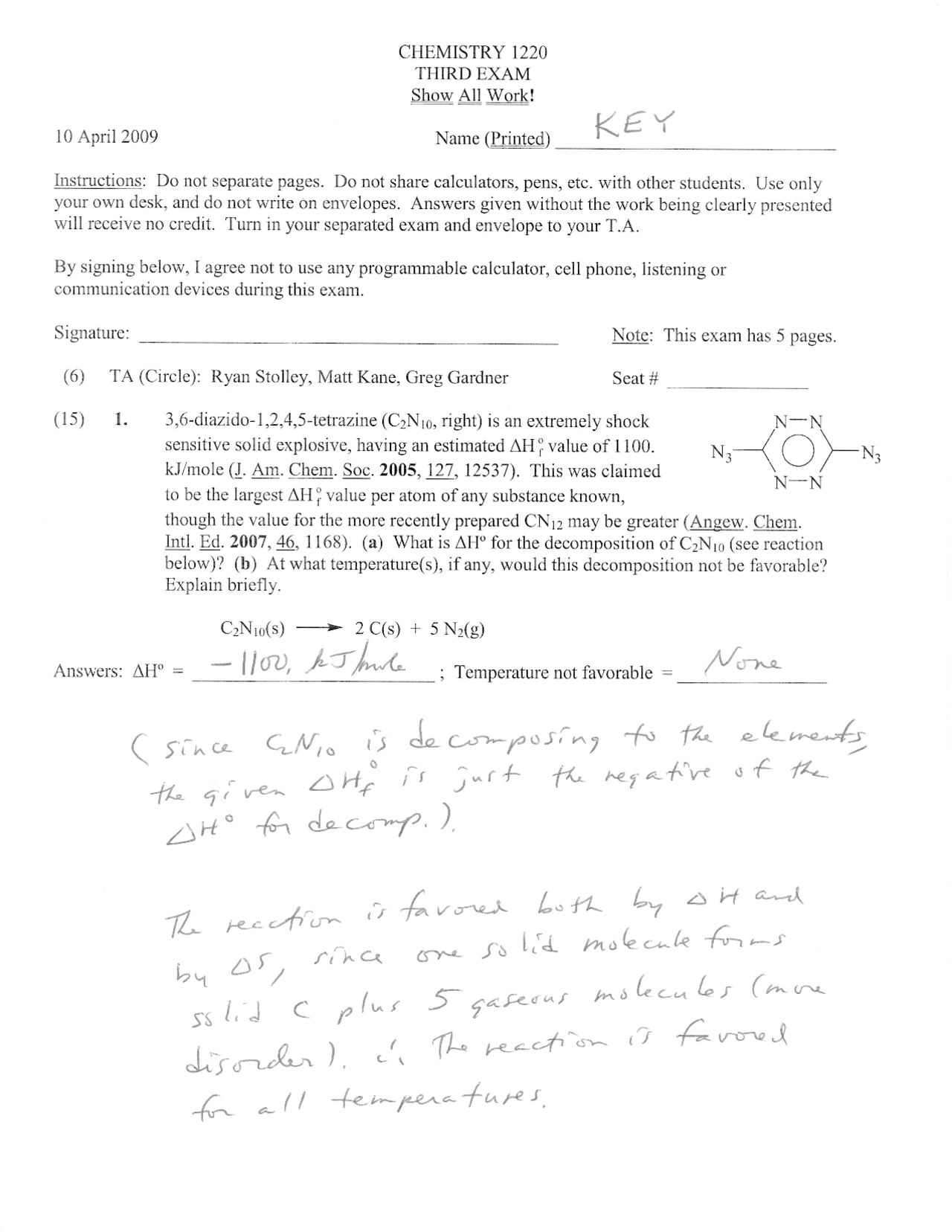 General Chemistry II - Solved Exam 3 | CHEM 1220 - Docsity