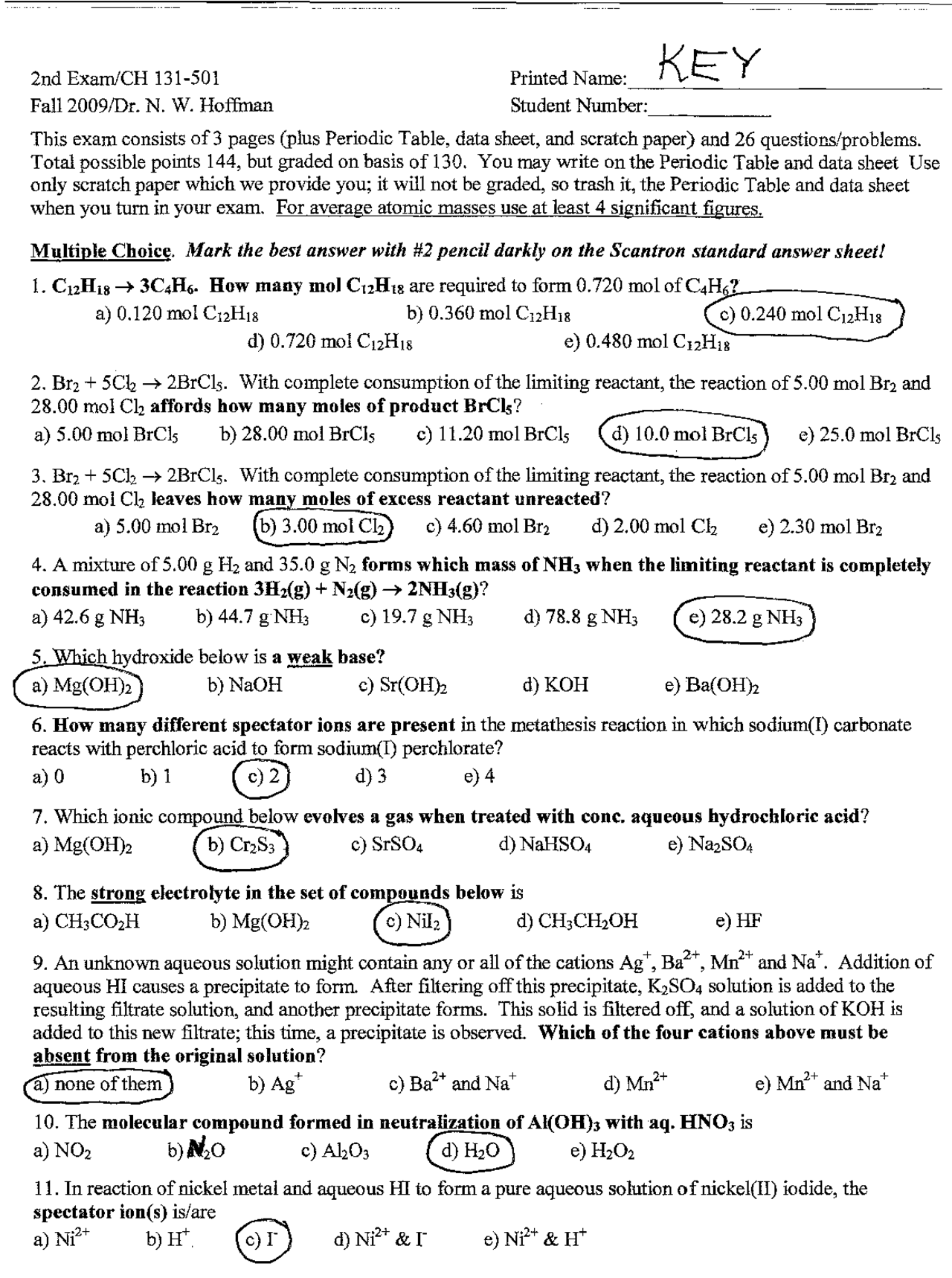 Exam 2 With Solution General Chemistry I Ch 131 Docsity