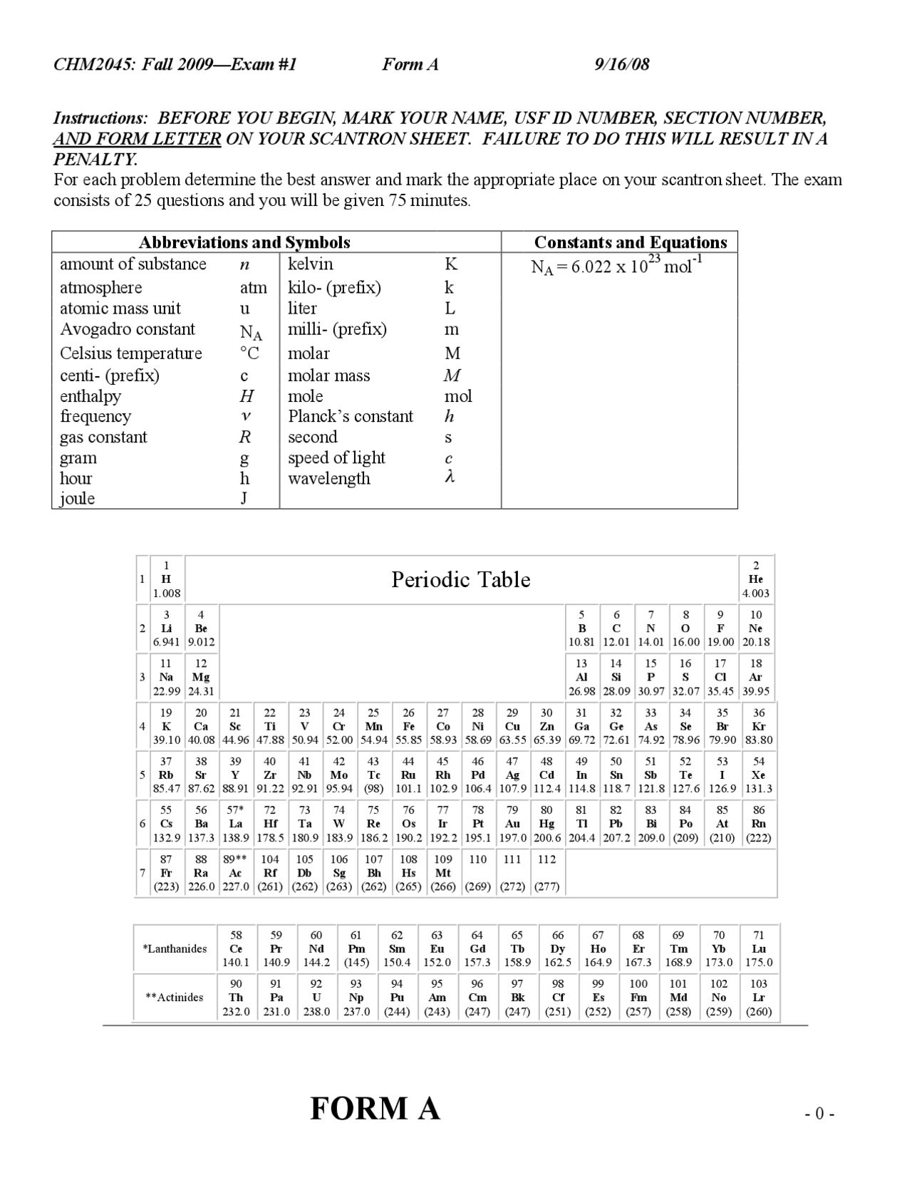 Old Exam 1 Form A with Answer Key - General Chemistry I | CHM 2045 ...