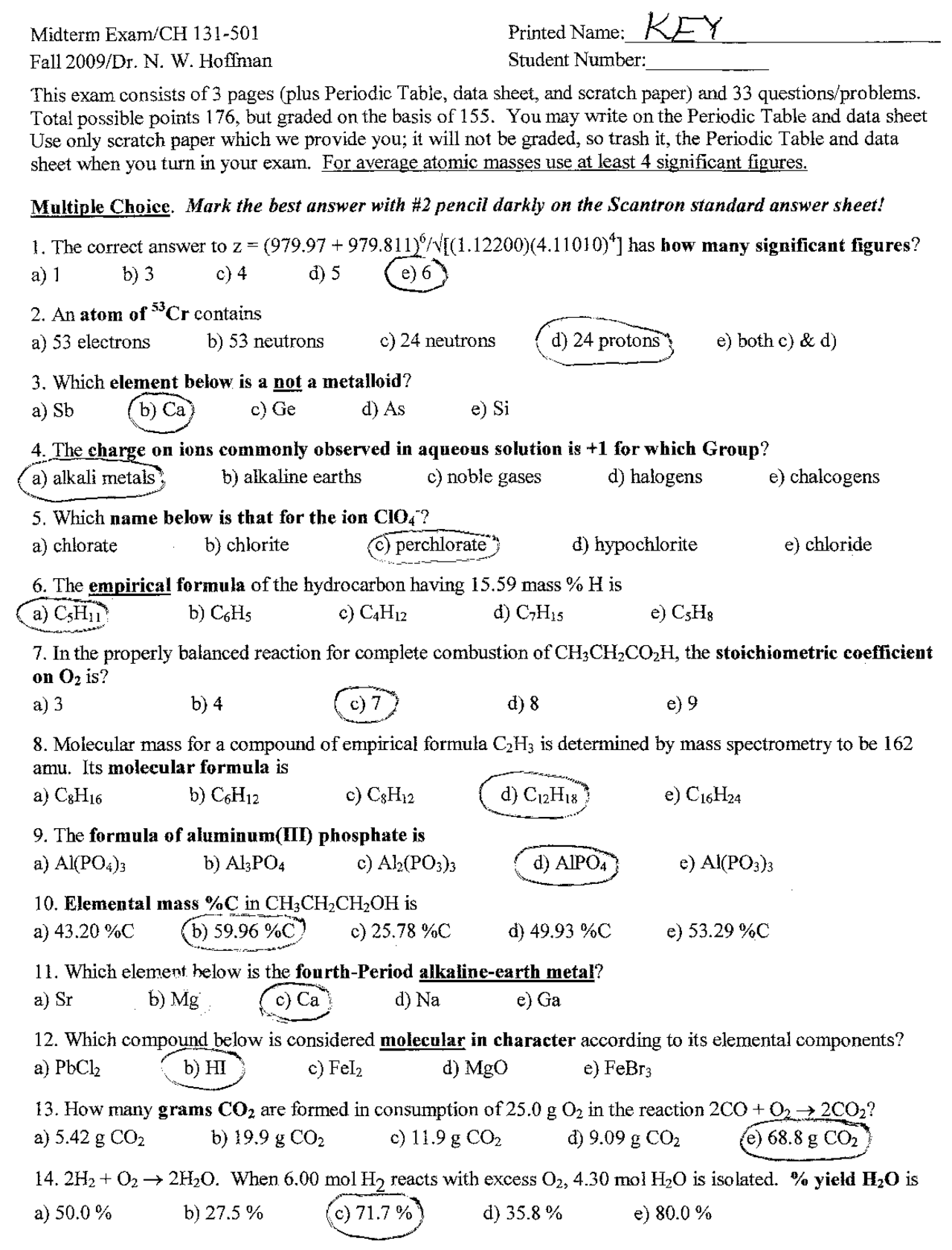 General Chemistry I - Midterm Exam Solutions | CH 131 - Docsity