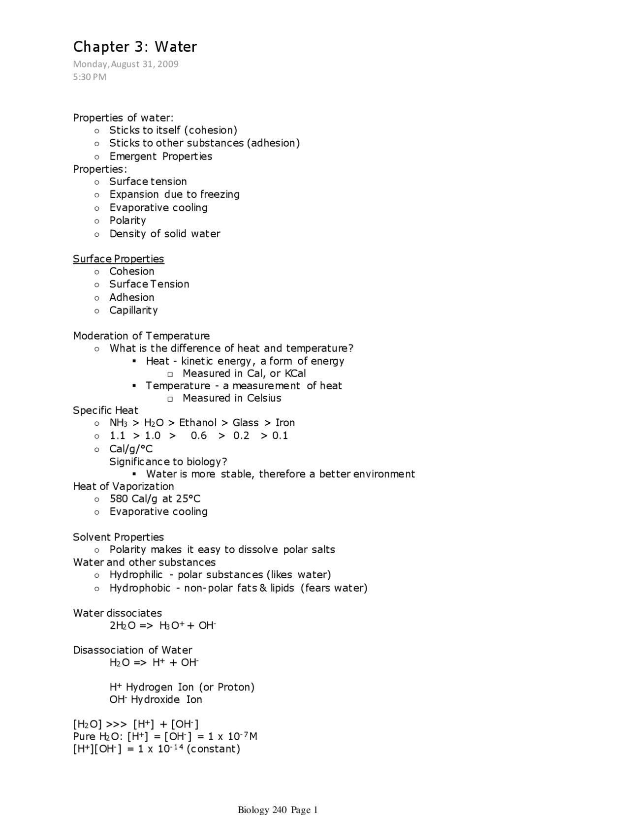 Water Class Notes | Unity of Life | BIOL 240 - Docsity