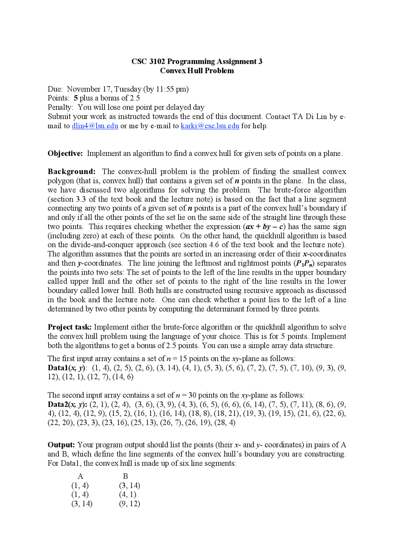Convex Hull Problems Programming Assignment 3 Csc 3102 Docsity