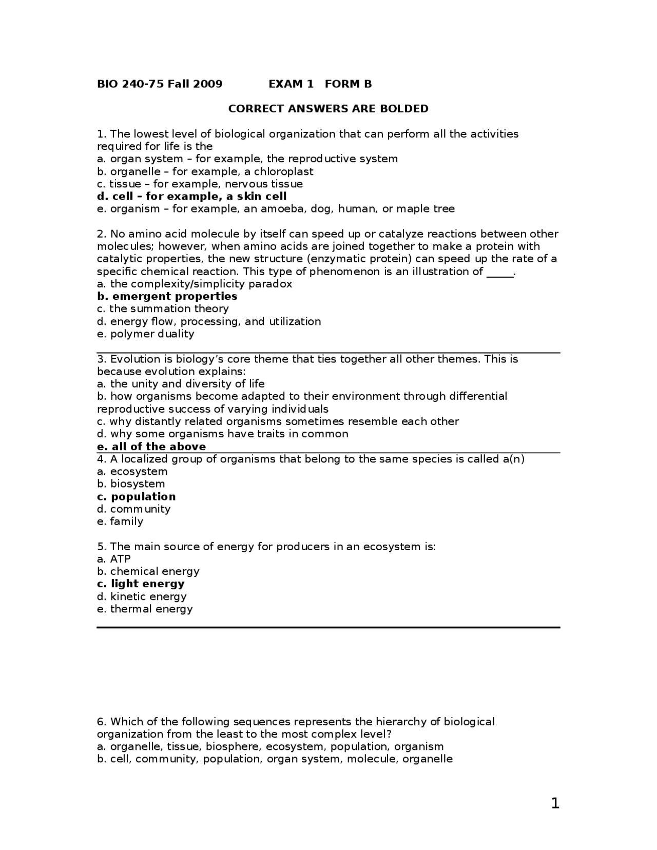 Exam 1 with Correct Bold Answers - Unity of Life | BIOL 240 - Docsity