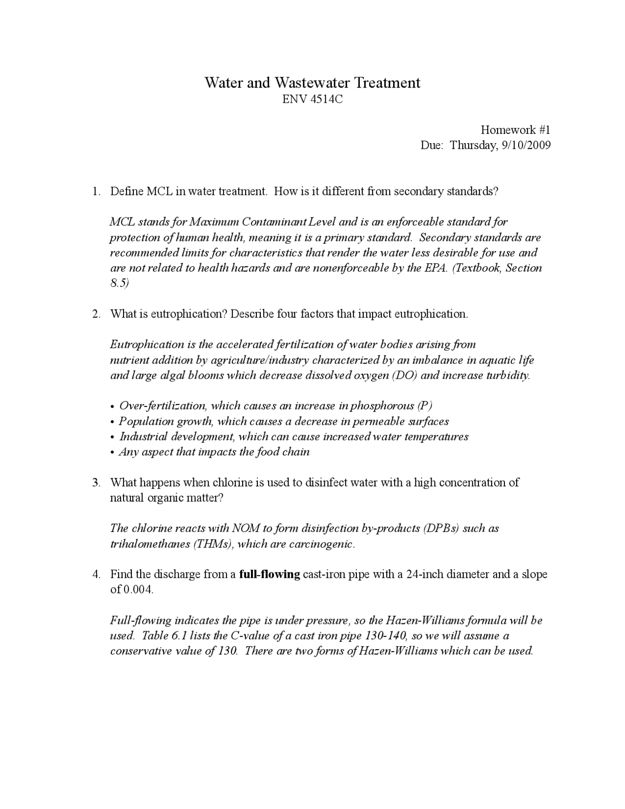 Homework 1 for Water and Wastewater Treatment | ENV 4514C - Docsity