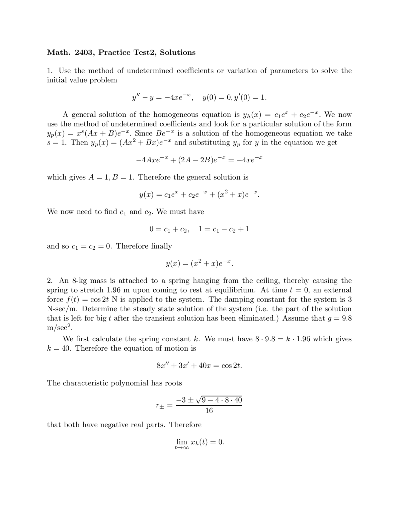 Exam 2 Solutions Differential Equations Math 2403 Docsity