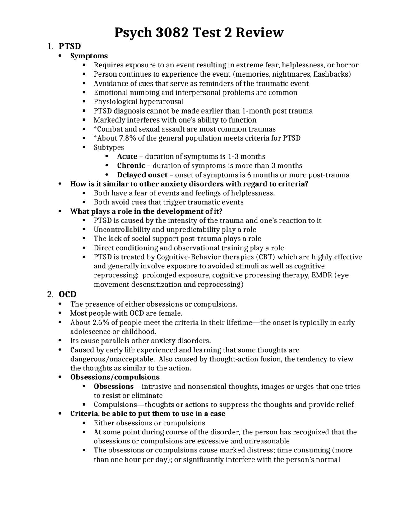 Test 2 Review Introduction To Abnormal Psychology Psyc 3082 Docsity