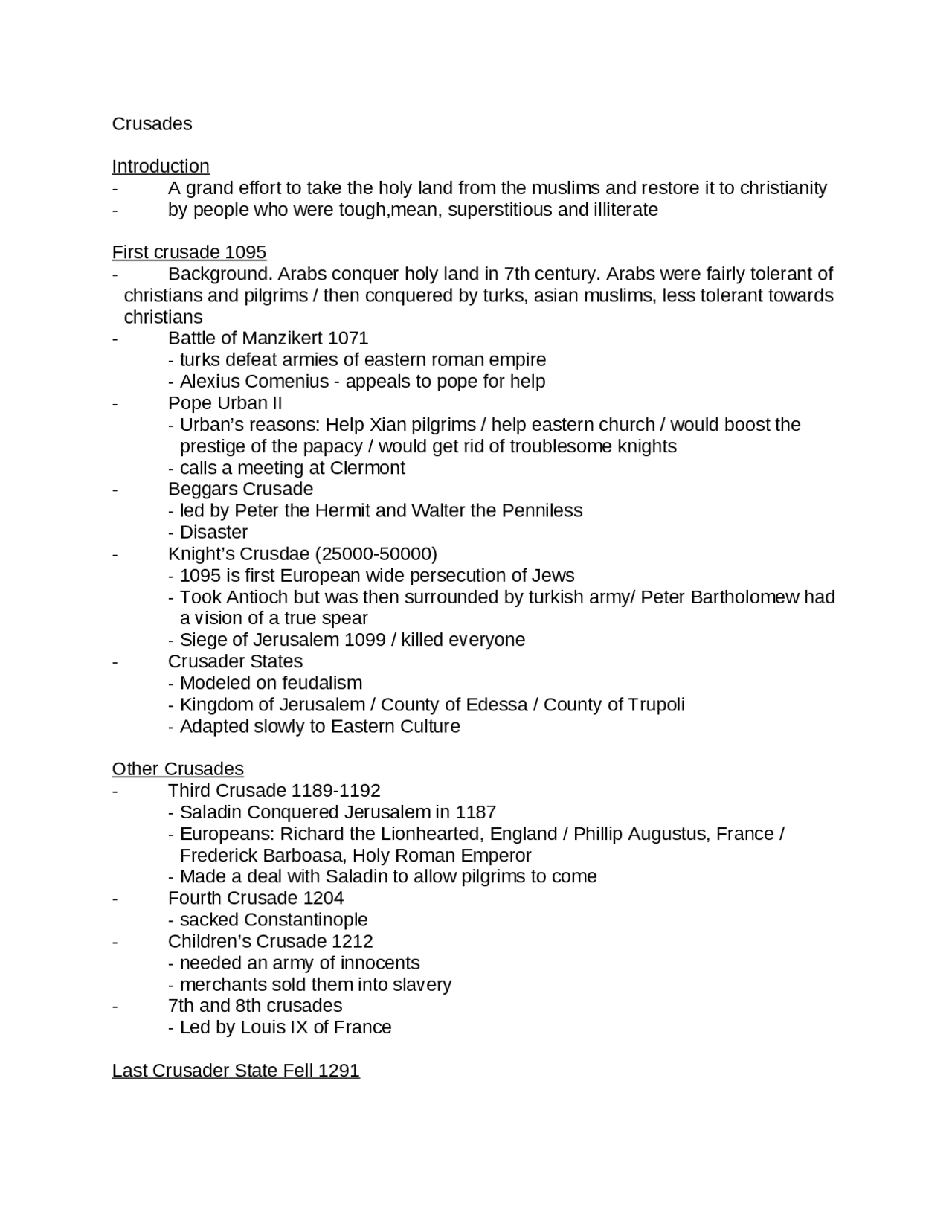 Crusades - West Civil to 1500 - Lecture Notes | HIST 1001 - Docsity