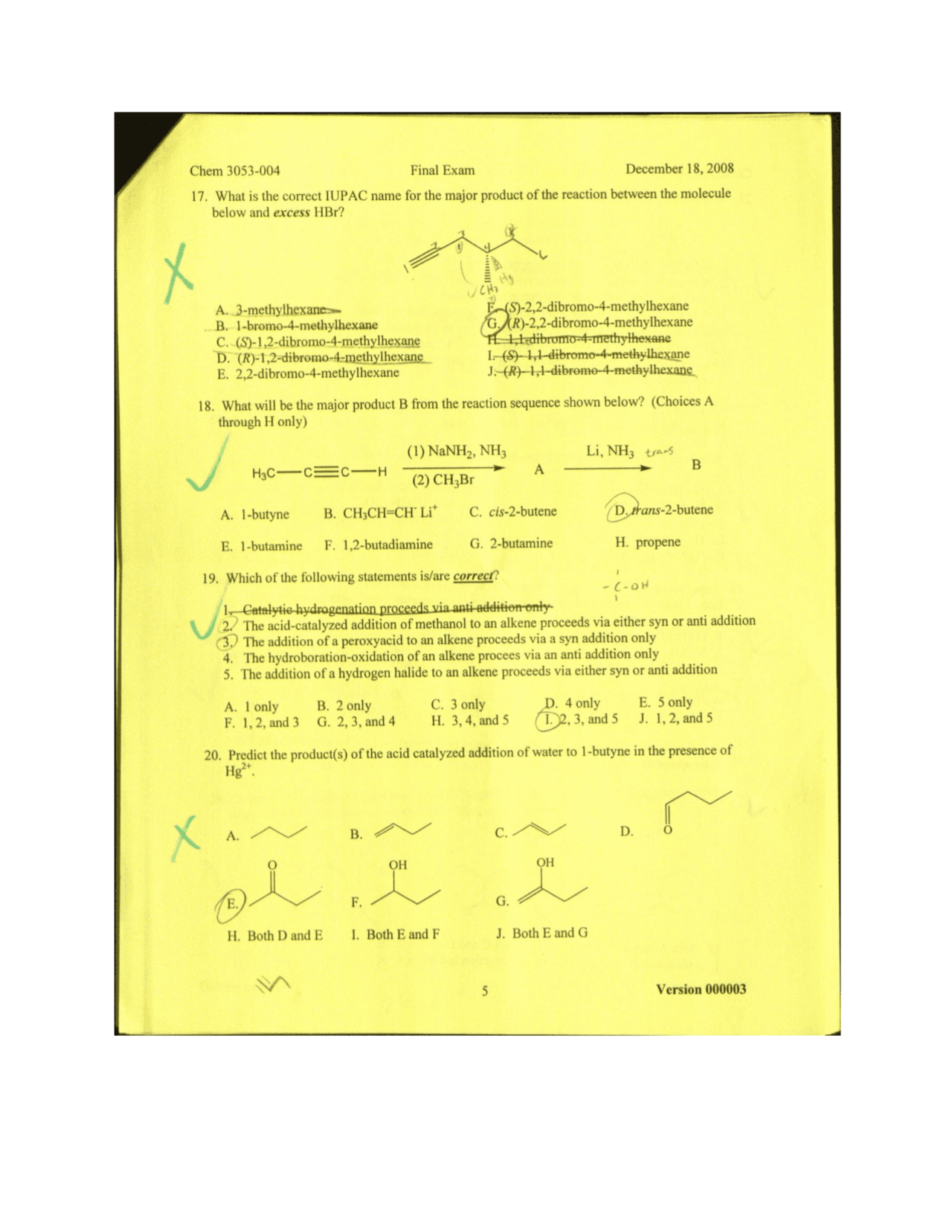 Final Exam With Answers Organic Chemistry I Biological Emphasis