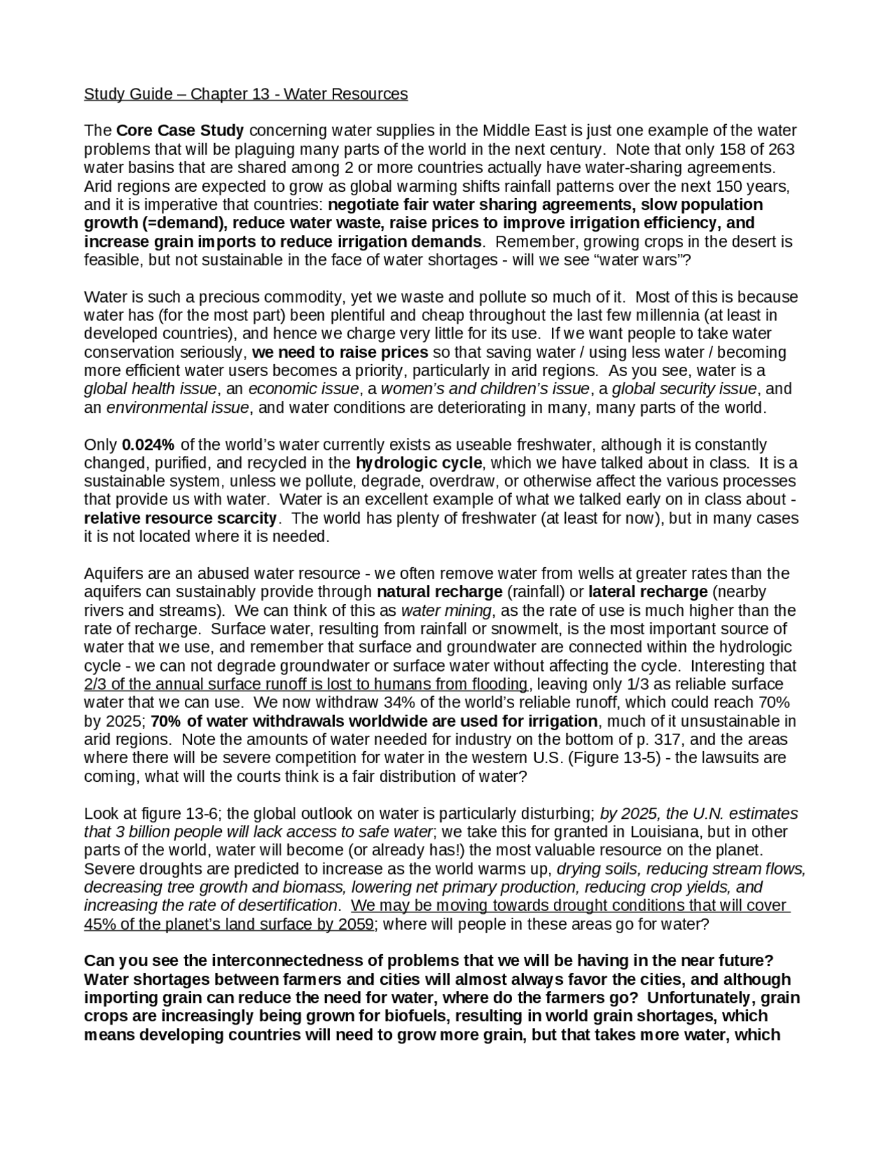 Core Case Study of Water Resource - Study Guide | RNR 1001 - Docsity