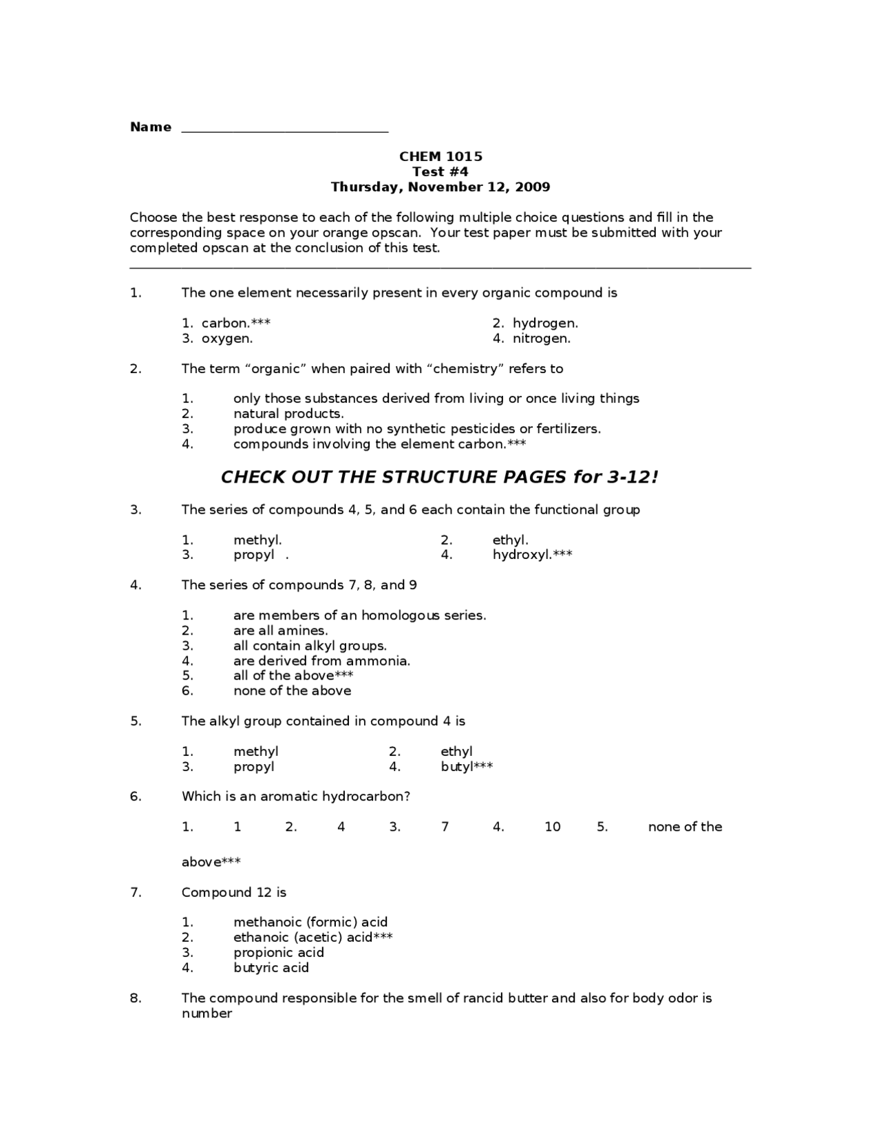 Test 4 Practice Questions - Introduction to Chemistry | CHEM 1015 - Docsity