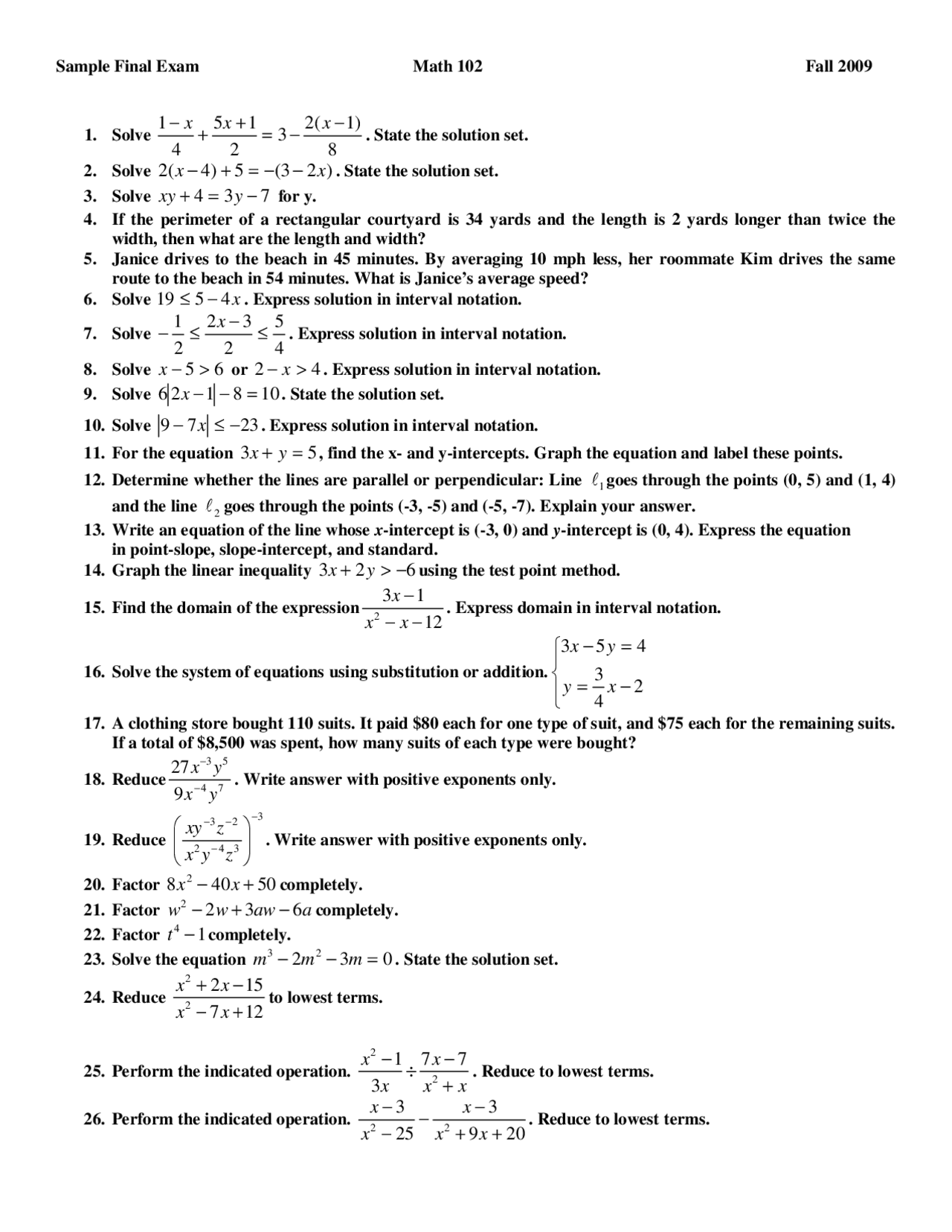 College Algebra Sample Final Exam To Solve Math 102m Docsity