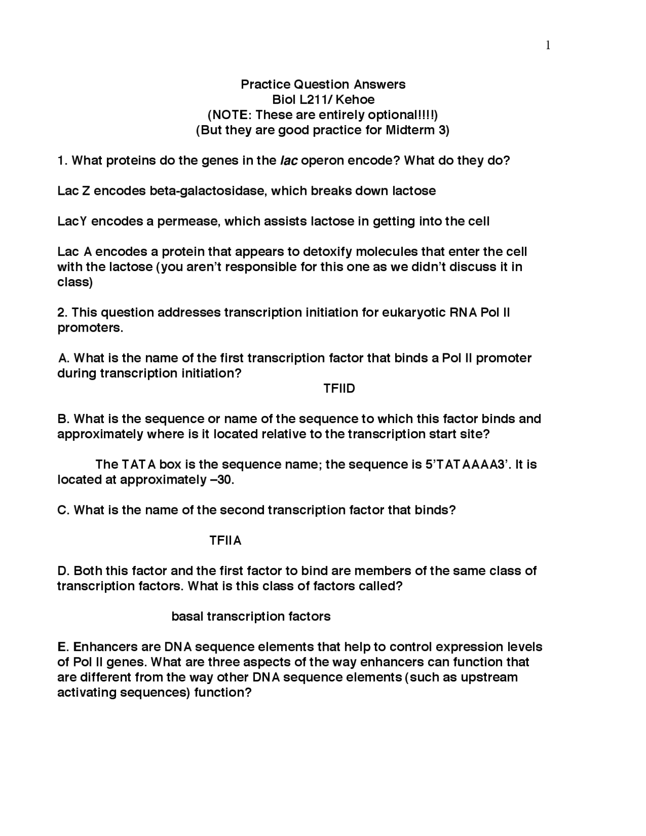 Practice Questions Answers For Molecular Biology Biol Docsity