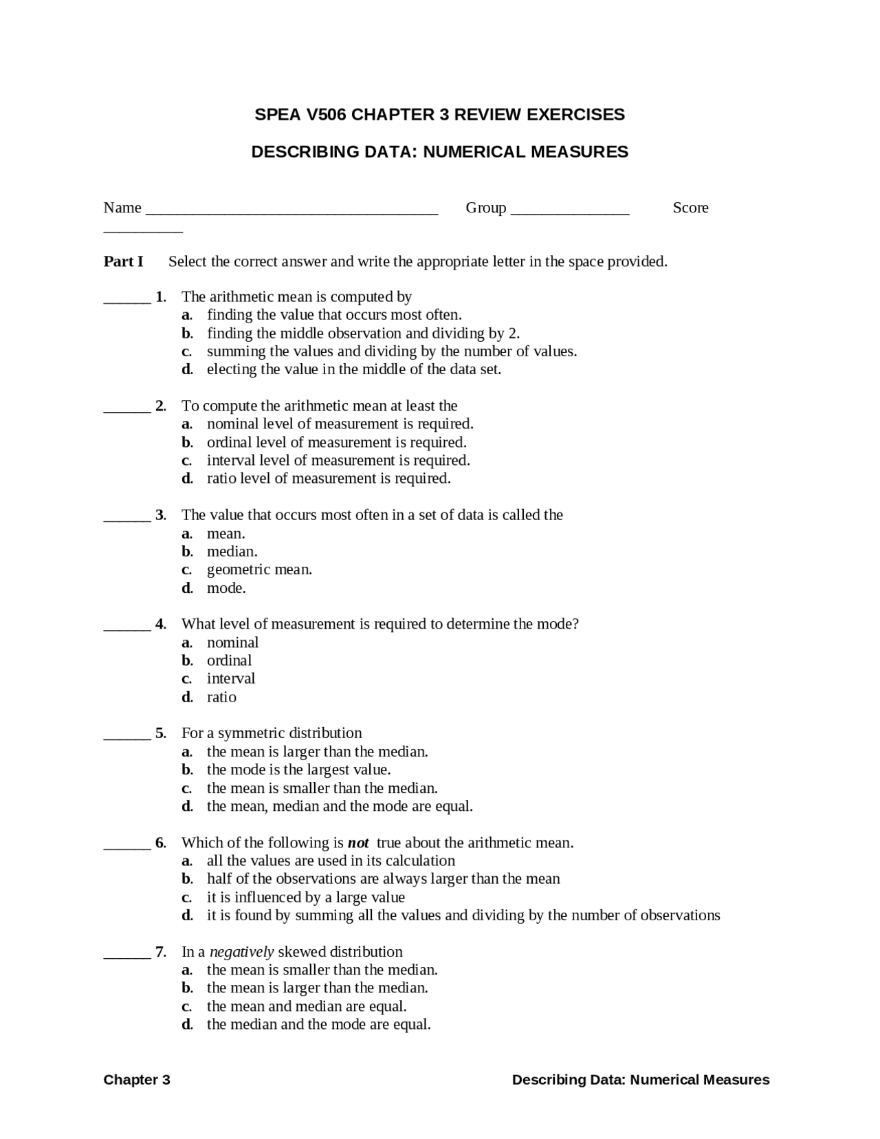 Describing Data Numerical Measures Review Exercises Spea Docsity