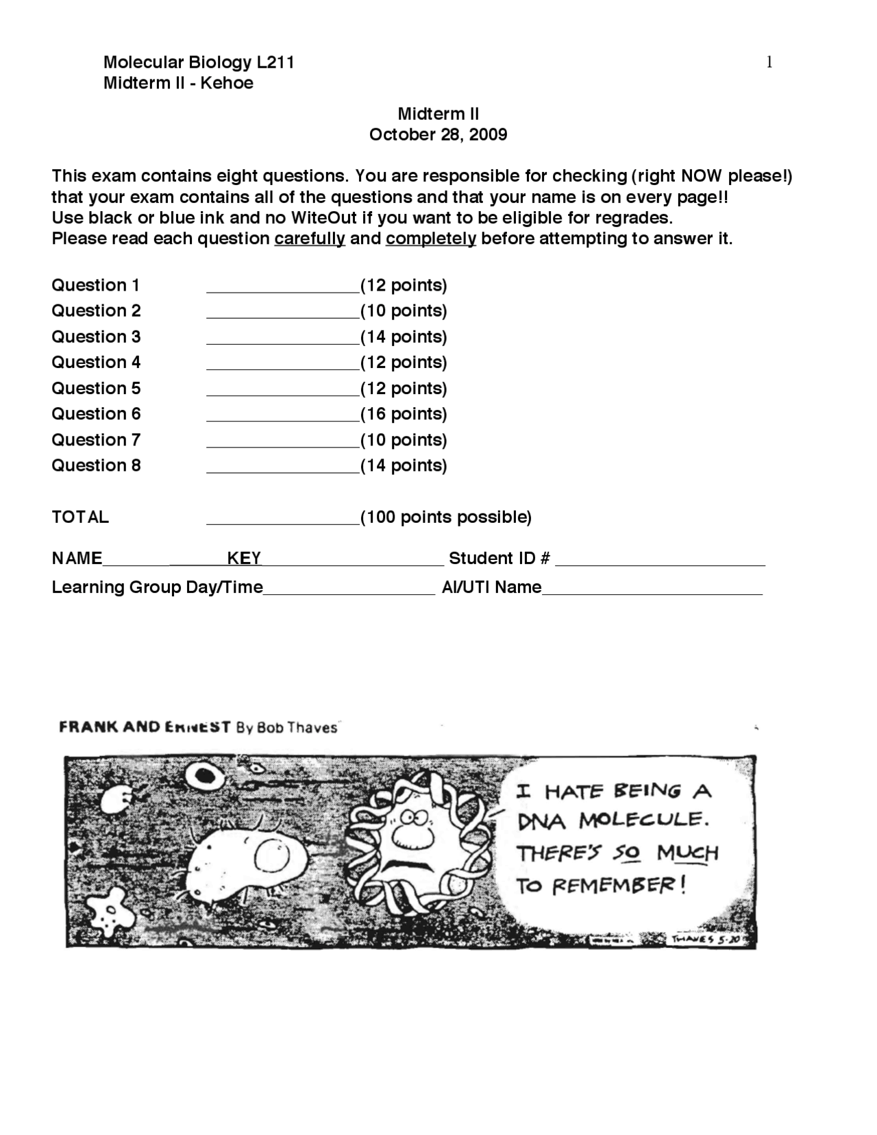 Midterm Exam 2 With Solutions For Molecular Biology Biol Docsity