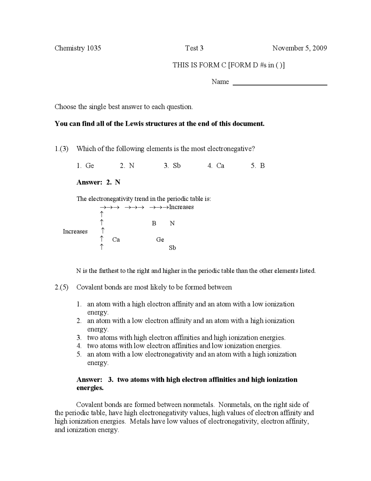 General Chemistry Test 3 Form C Fall 2009 Chem 1035 Docsity