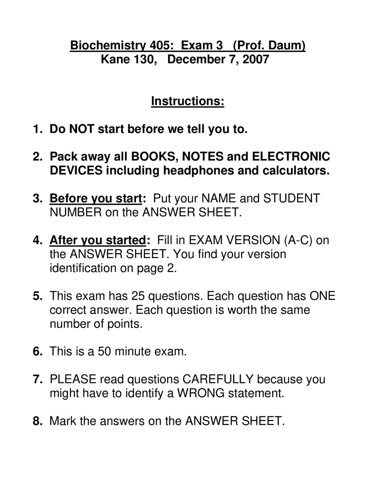 Exam 3 For Introduction To Biochemistry Bioc 405 Docsity