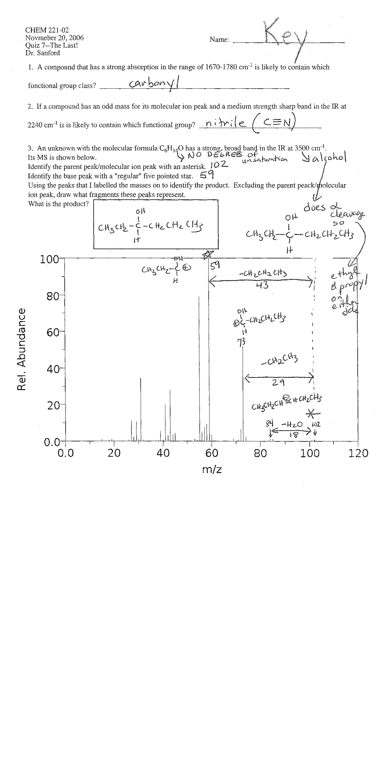 Questions On Organic Chemistry I With Key Quiz 7 Chem 221 Docsity