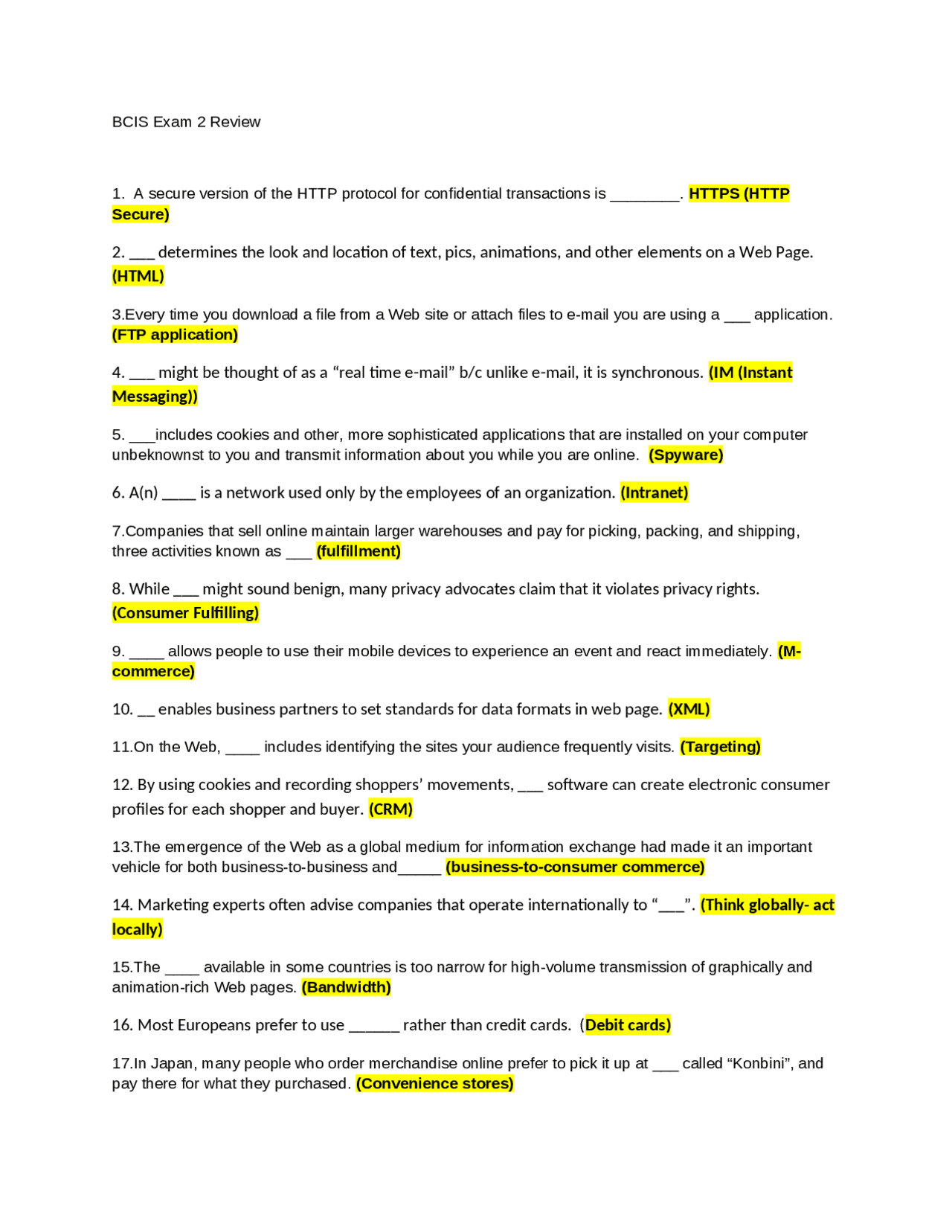 Exam 2 Review Basic Information Systems Bcis 3610 Docsity