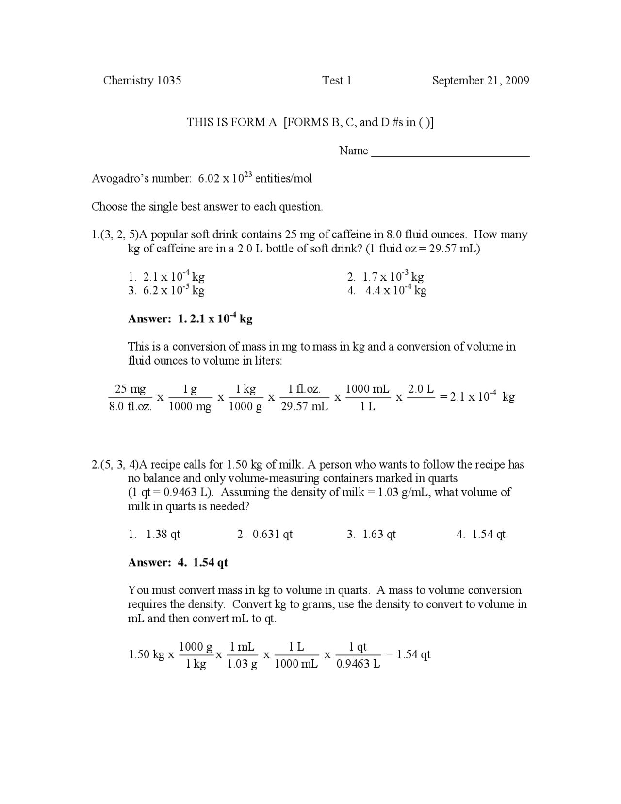 Exam 1 MCQs with Answer - General Chemistry | CHEM 1035 - Docsity