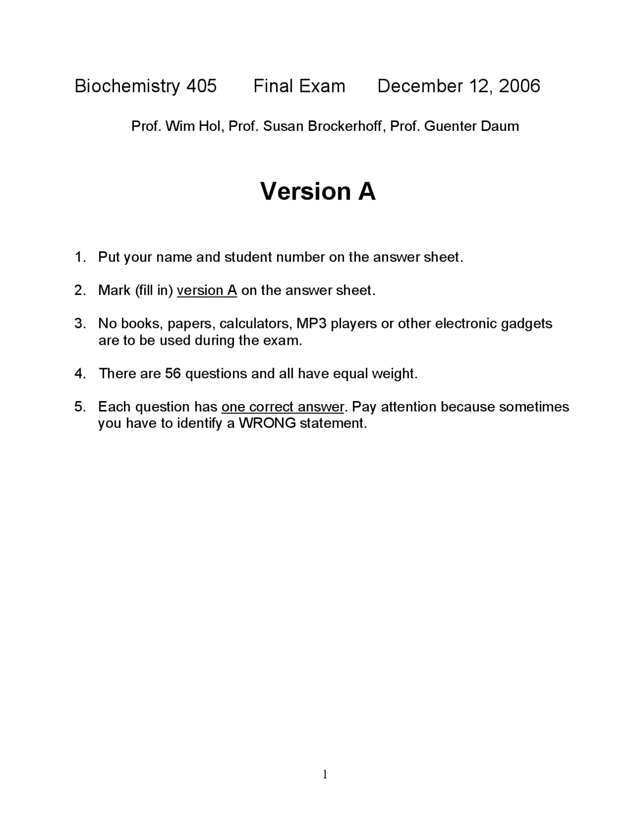 Final Exam A With Solution Key Introduction To Biochemistry Bioc