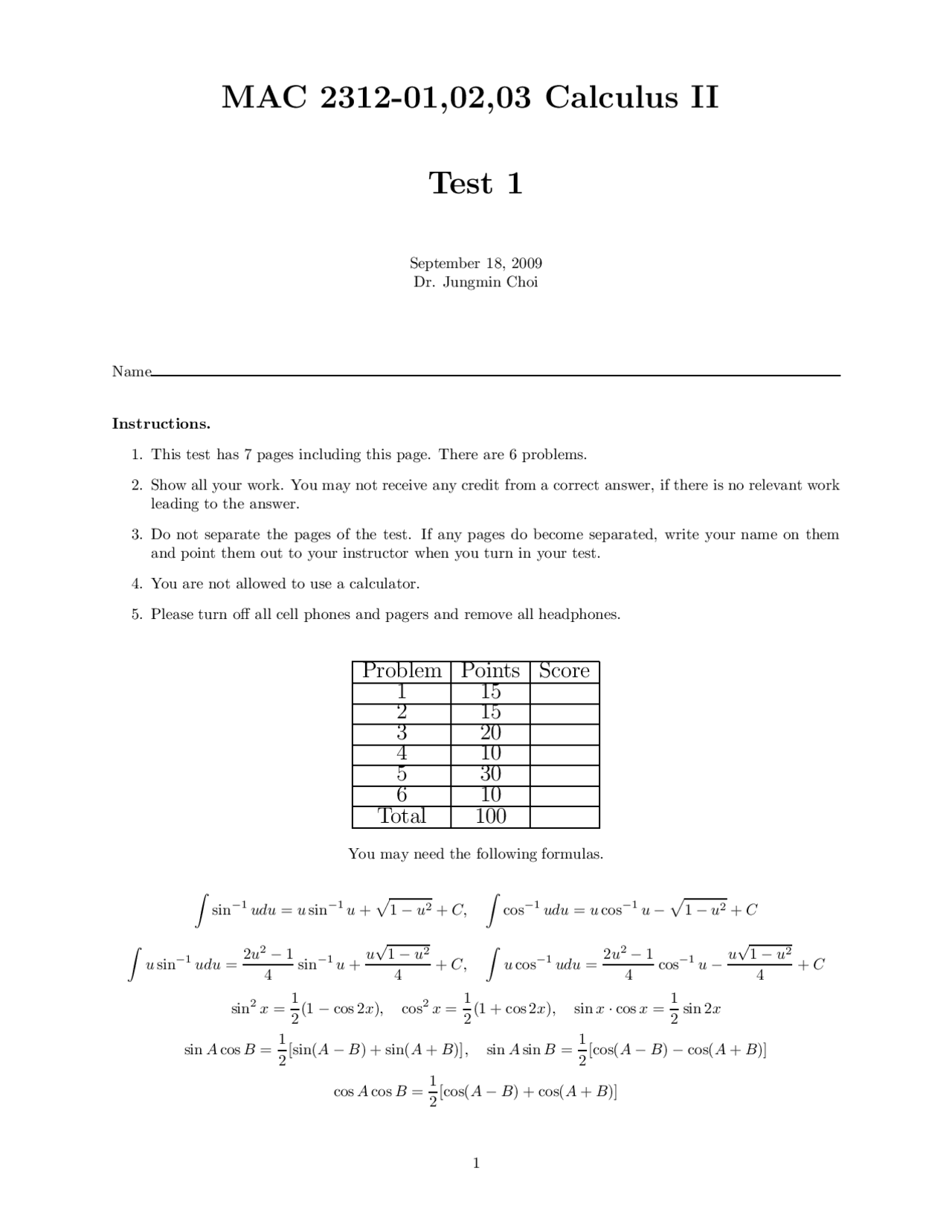Test 1 With Solutions Calculus Ii Mac 2312 Docsity