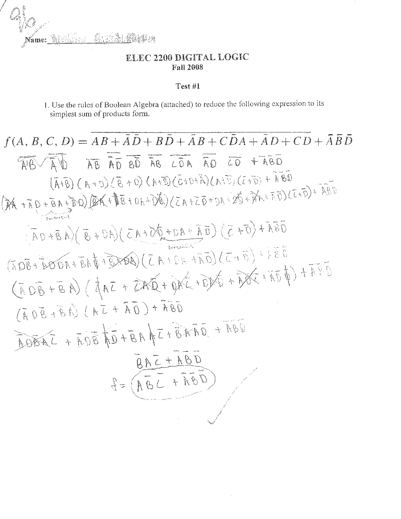 Test 1 with Solution for Digital Logic Circuits | ELEC 2200 | Exams ...