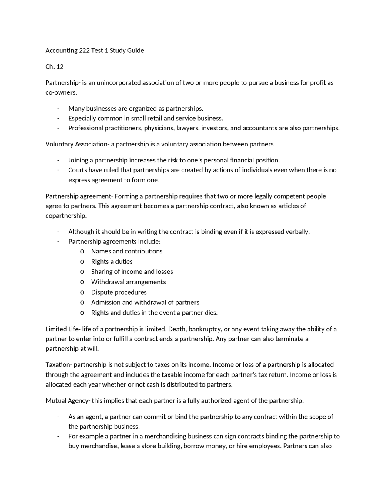 Test I Study Guide - Principles of Accounting II | AC 222 - Docsity
