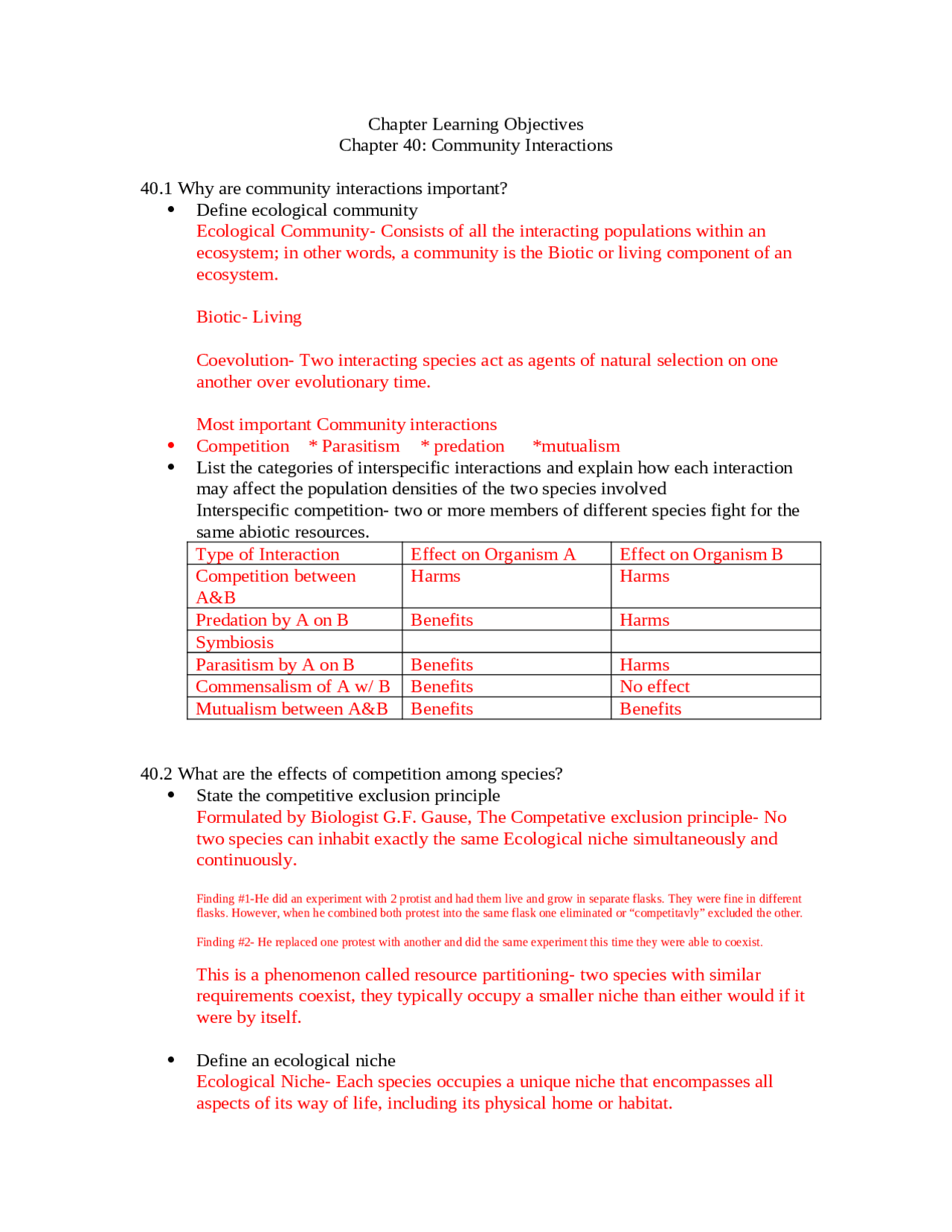 Lecture Notes On Community Interactions Biol 1001 Docsity