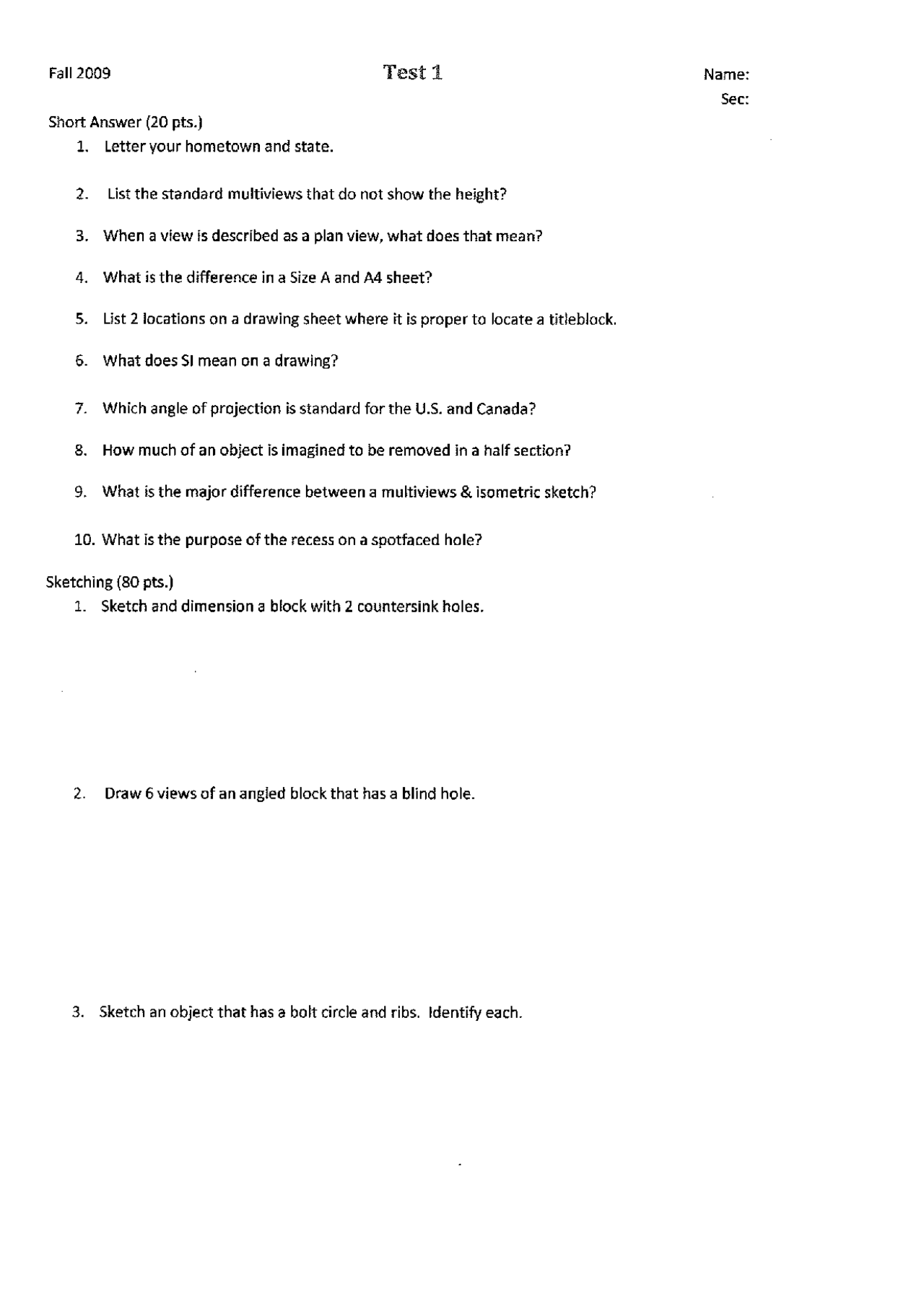 Engineering Graphics test: draws and terms descriptions | CM 1030 ...