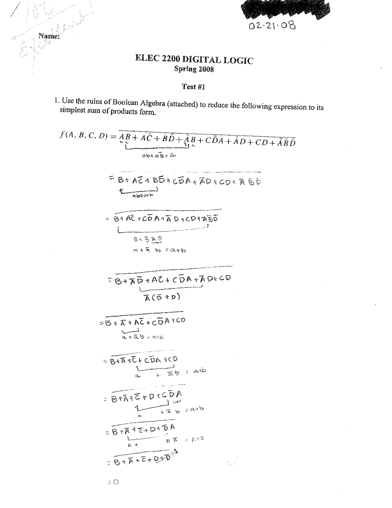 Past Test 1 with Resolution - Digital Logic Circuits | ELEC 2200 - Docsity