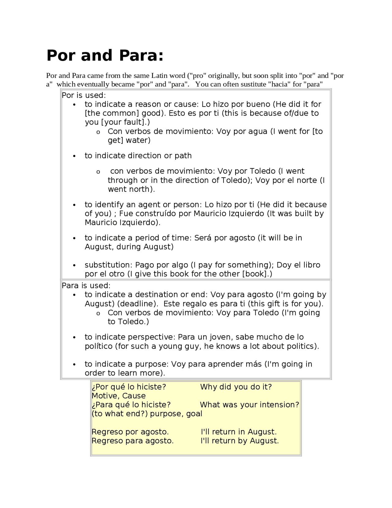 Difference between Por and Para and their meanings and use | SPAN 231 ...