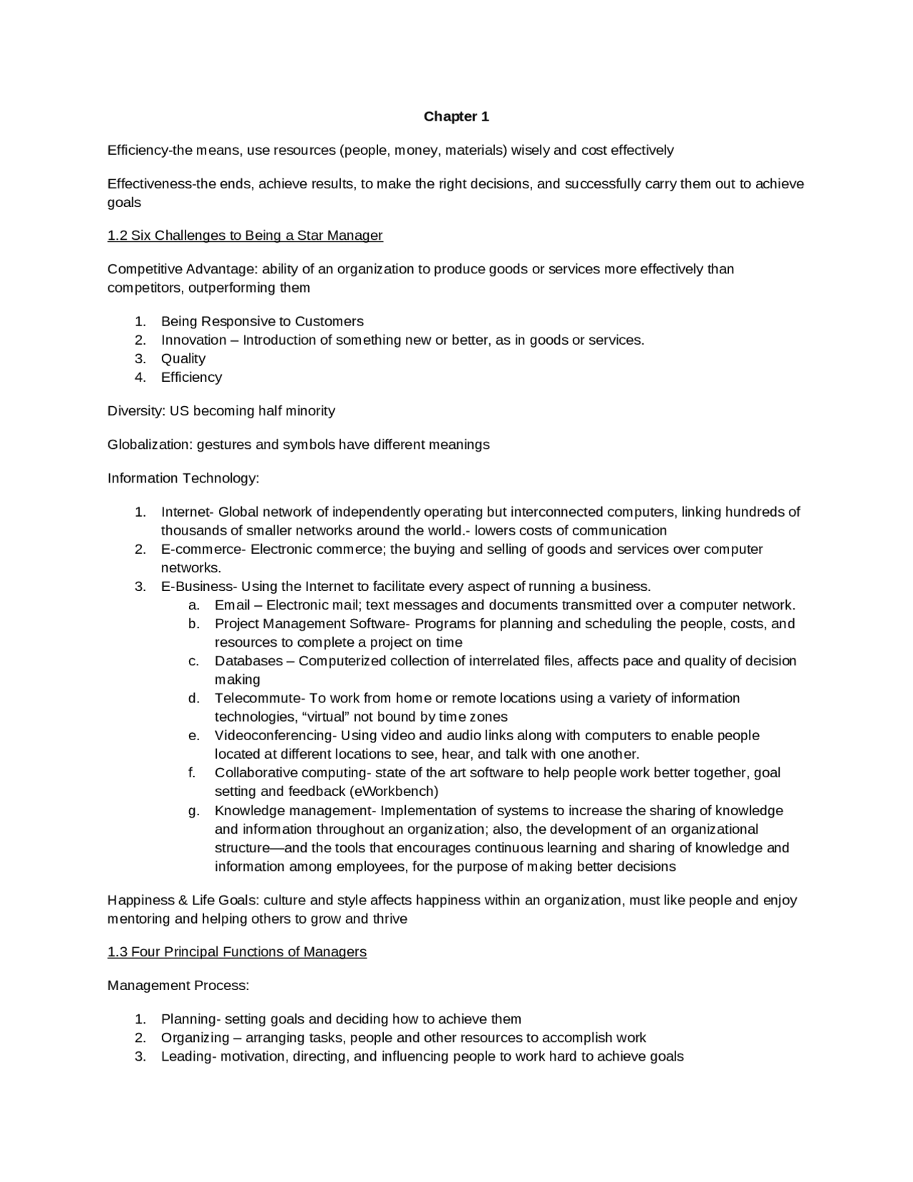 Chapter 1 Study Guide - Principles of Management | MGT 201 - Docsity