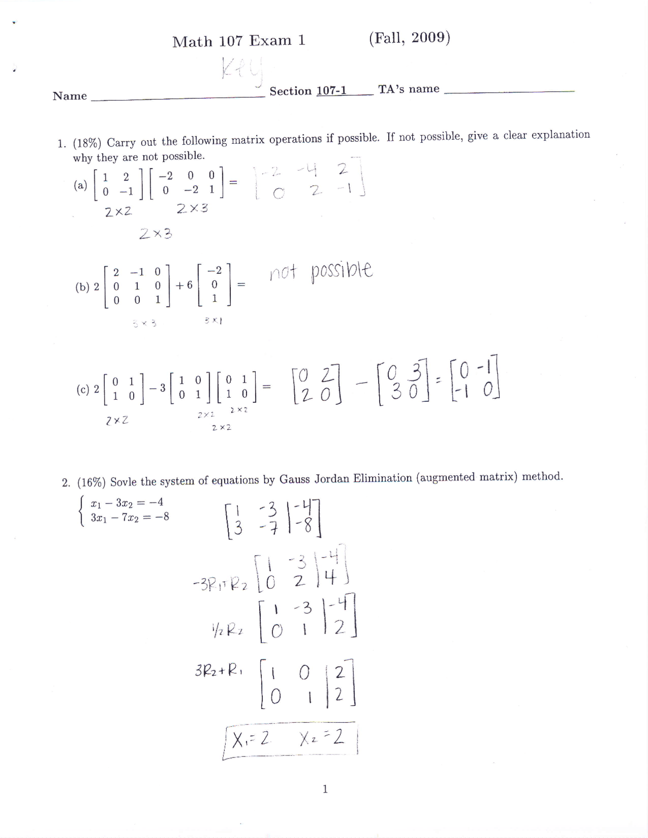 Exam 1 Questions With Solution Finite Mathematics Math 107 Docsity