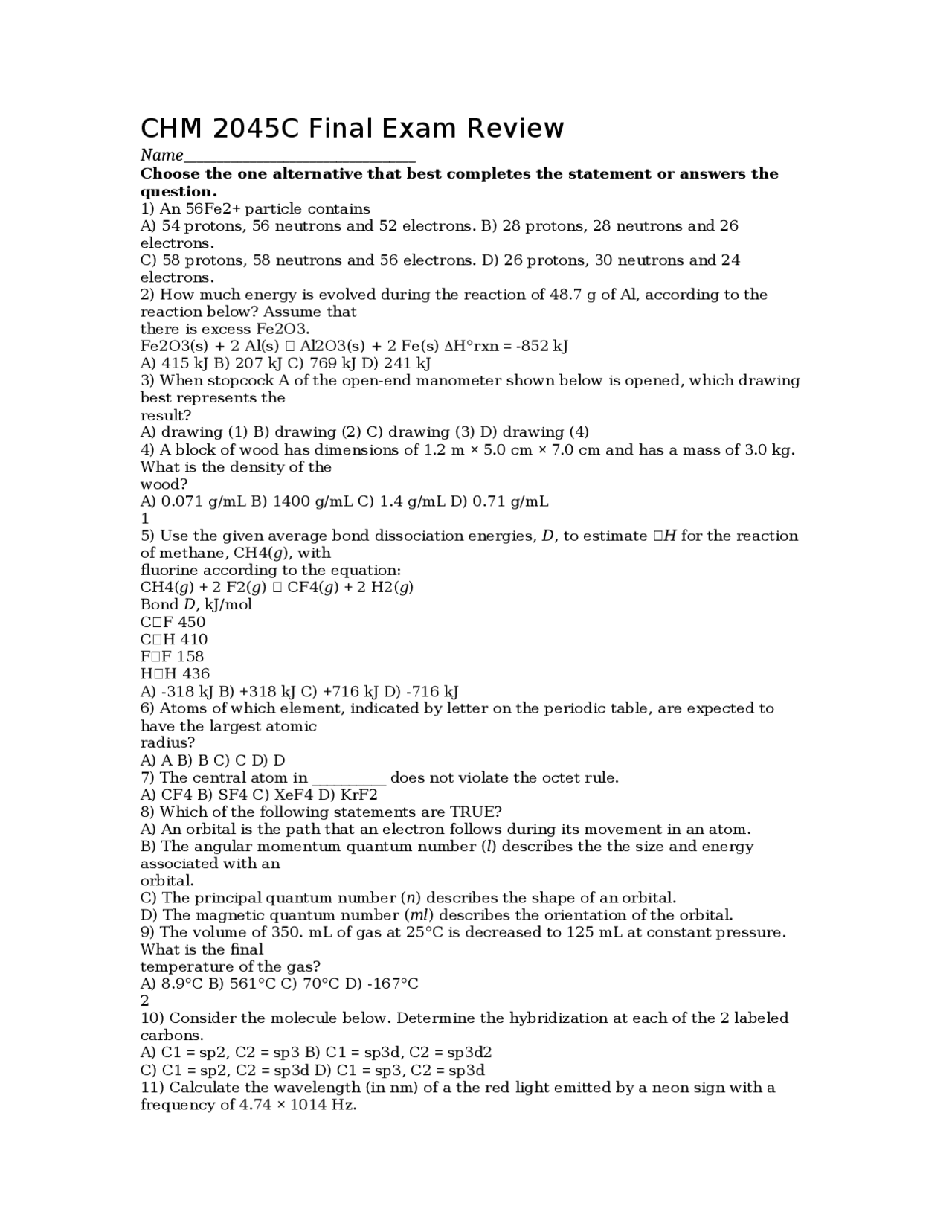 Final Exam Review Chemistry Fundamentals I Chm 2045 Docsity