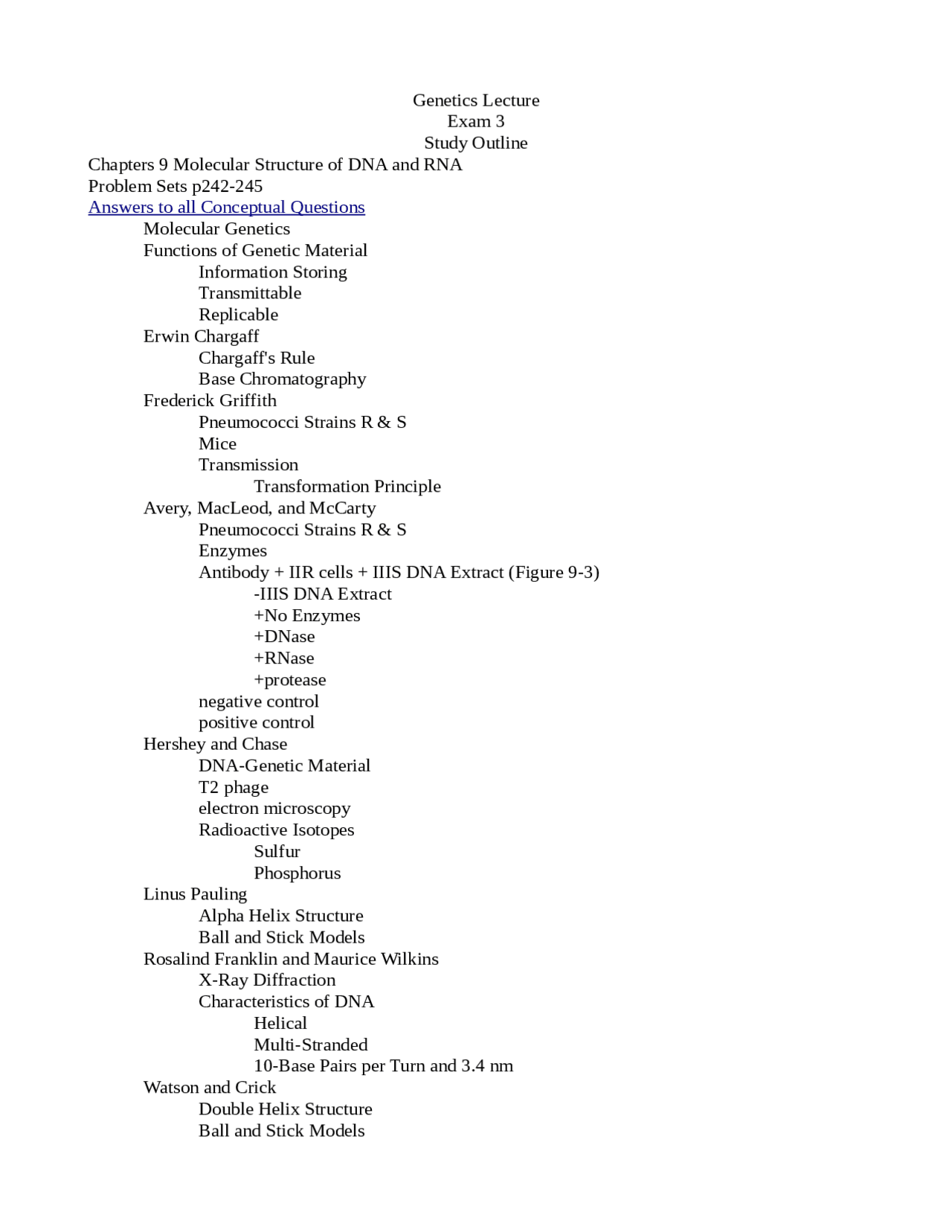 Review Sheet for Exam 3 - Introduction Genetics | BIOL 3110 - Docsity