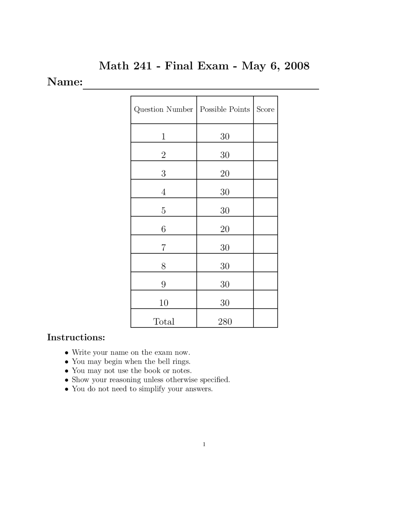 Practice Final Exam With Solutions Calculus Iii Math 241 Docsity