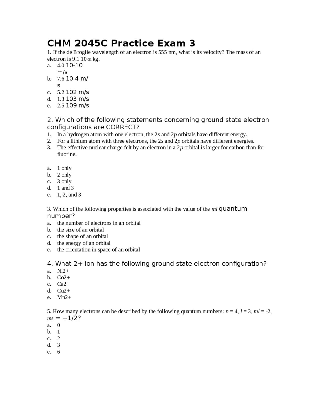 Chemistry Fundamentals I - Practice Exam 3 | CHM 2045 - Docsity