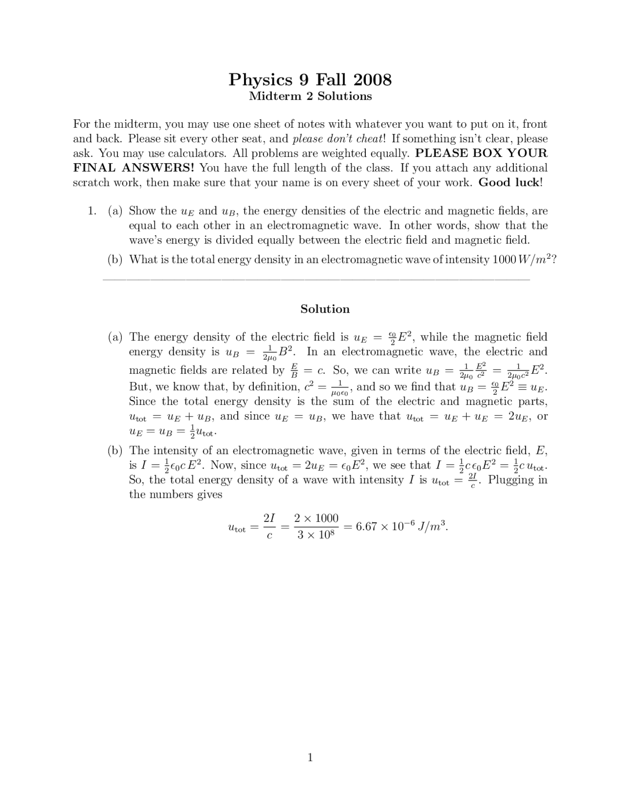 Midterm Ii Solutions Introductory Physics Ii Phys 009 Docsity