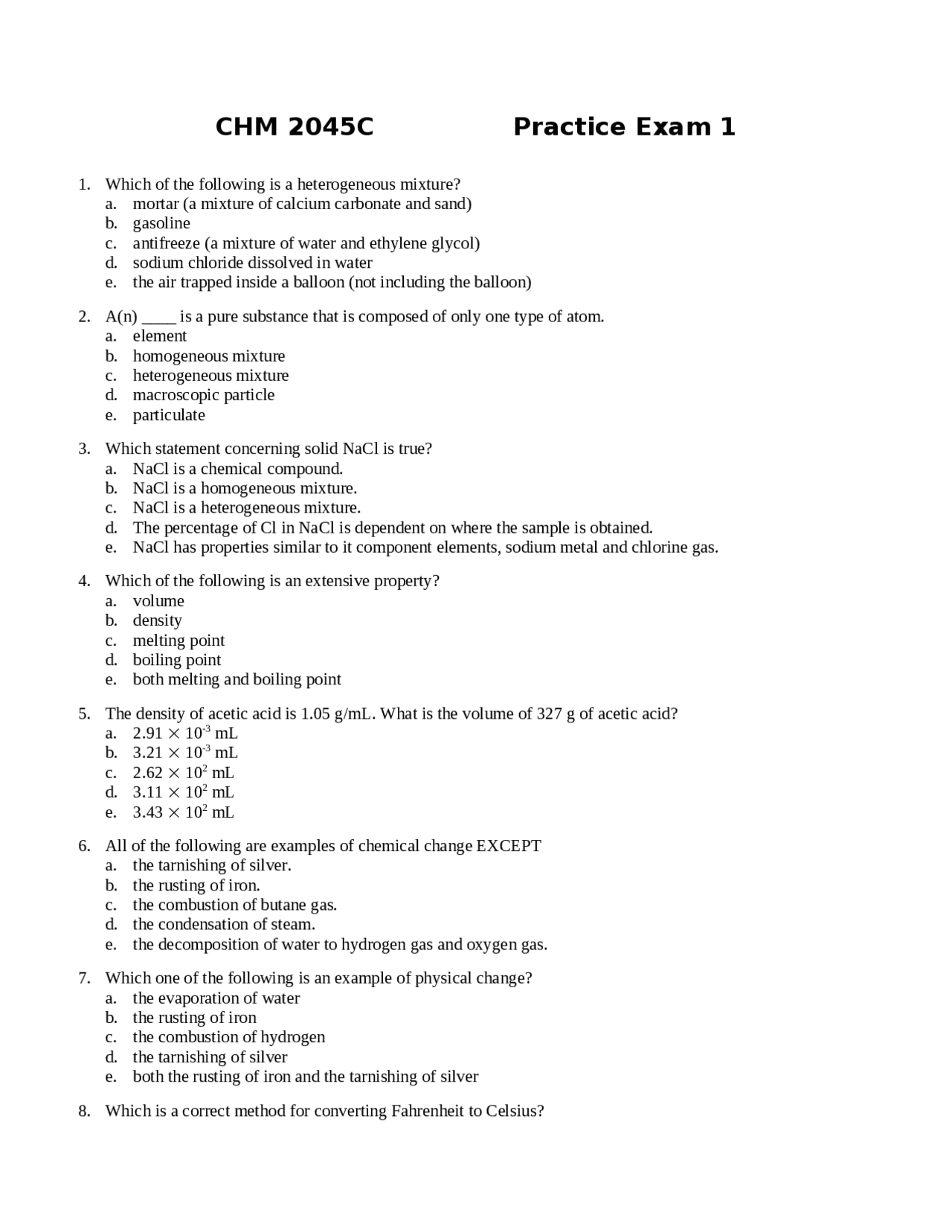 Practice Problems For Exam 1 Chemistry Fundamentals I Chm 2045