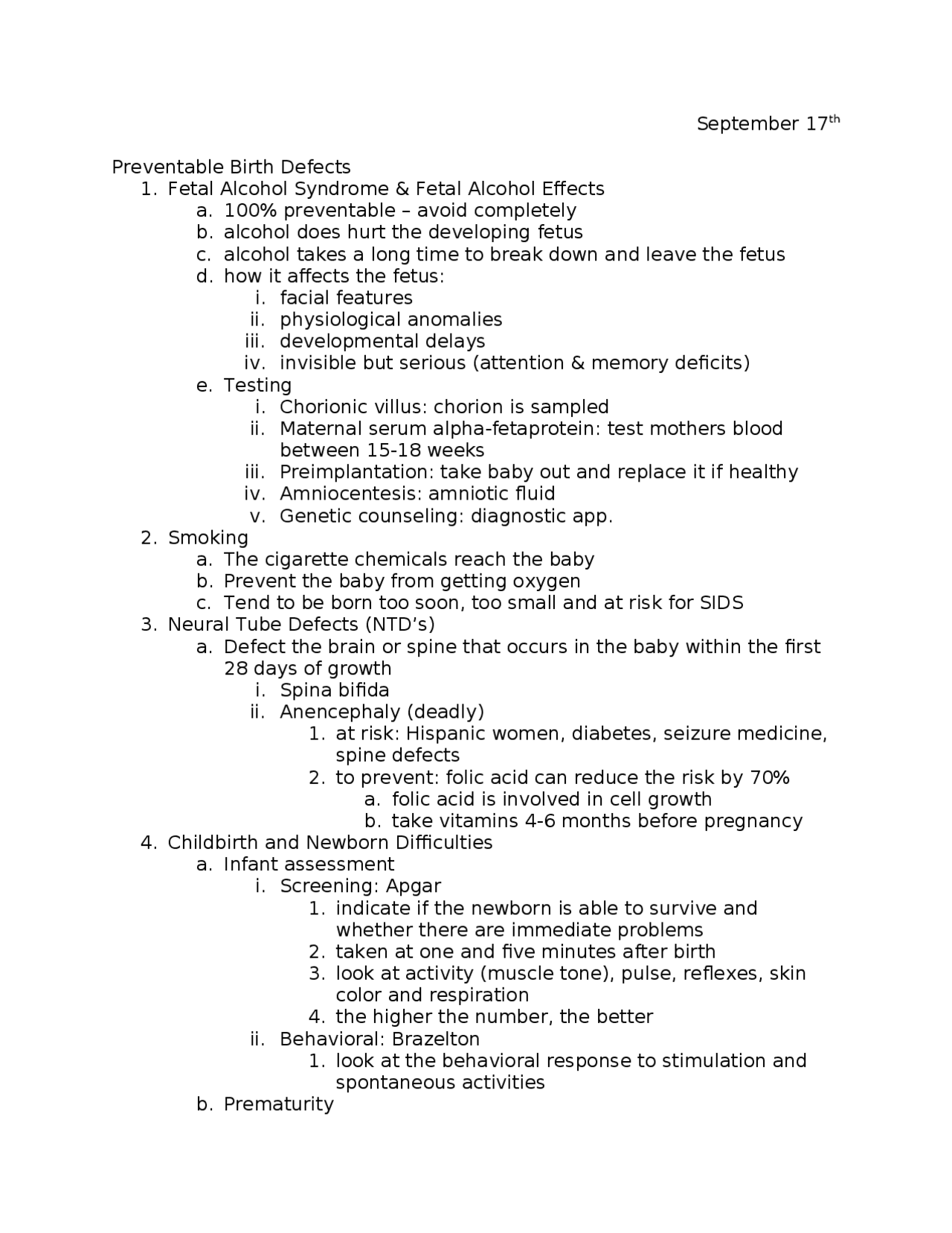 Preventable Birth Defects - Infant Development in Family - Handout ...