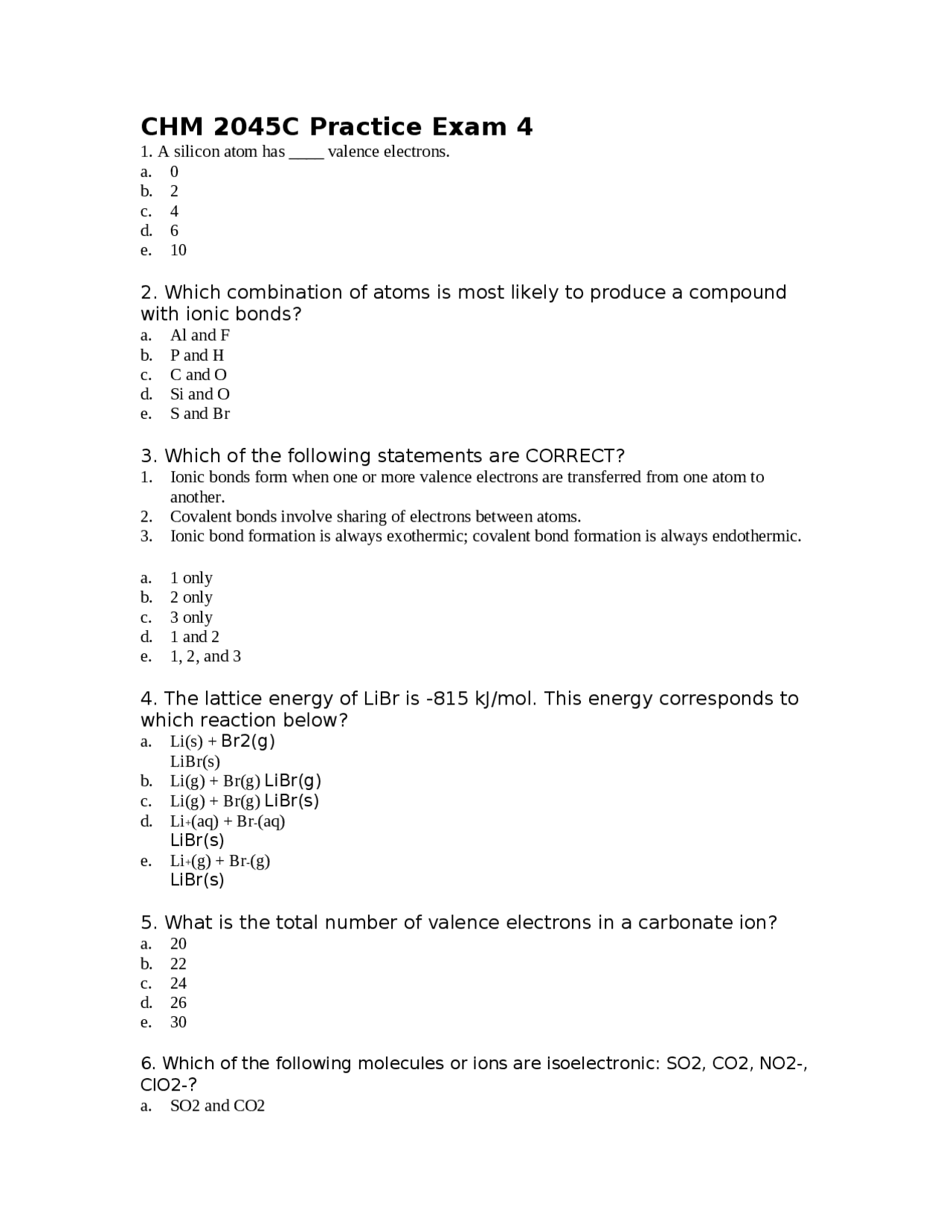 35 Mcqs On Practice Exam 4 For Chemistry Fundamentals I Chm 2045